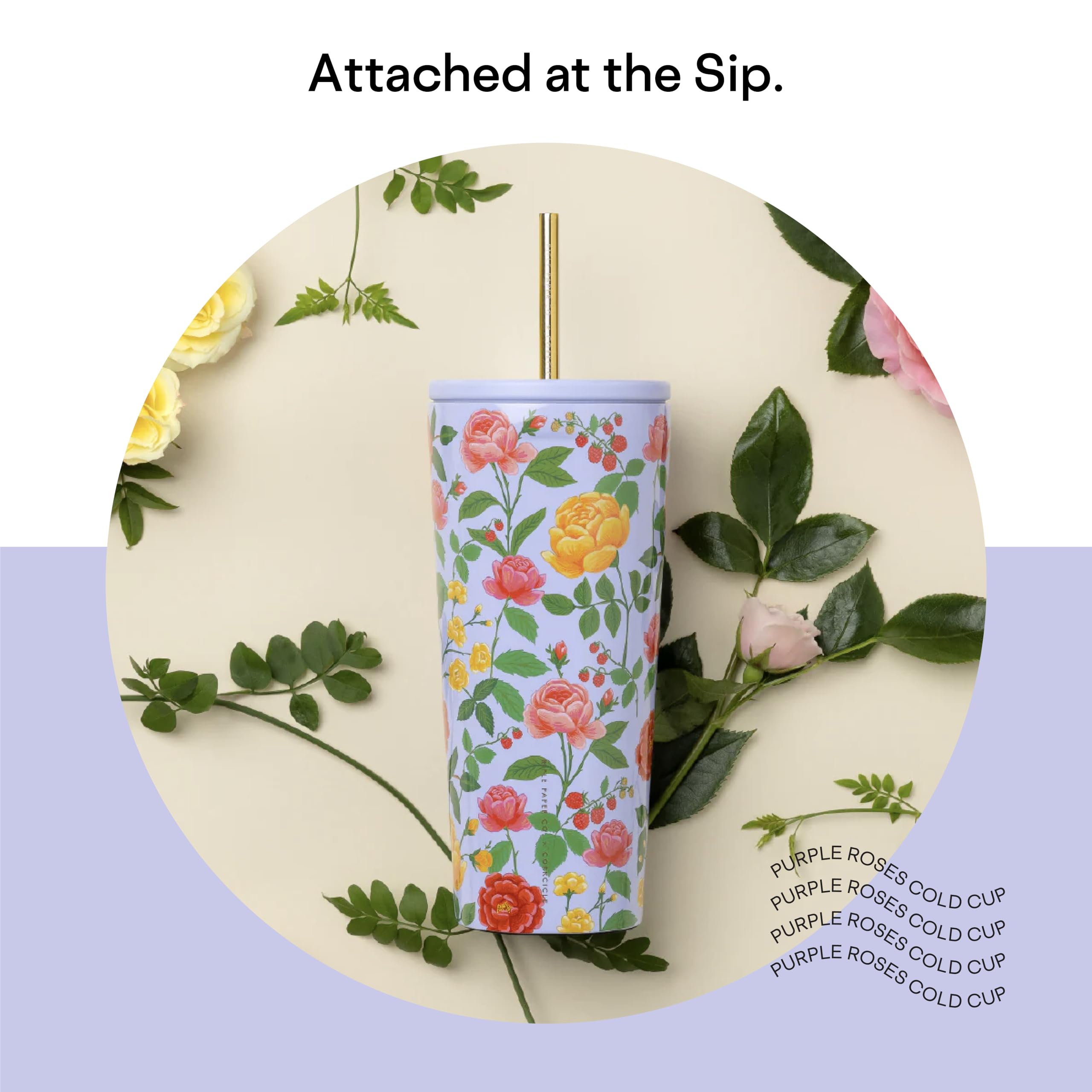 Corkcicle x Rifle Paper Co. Cold Cup Insulated Tumbler with Lid and Straw, Roses Purple, 24 oz β Reusable Water Bottle Keeps Beverages Cold for 12hrs, Hot 5hrs β Cupholder Friendly, Flexible Sip Lid