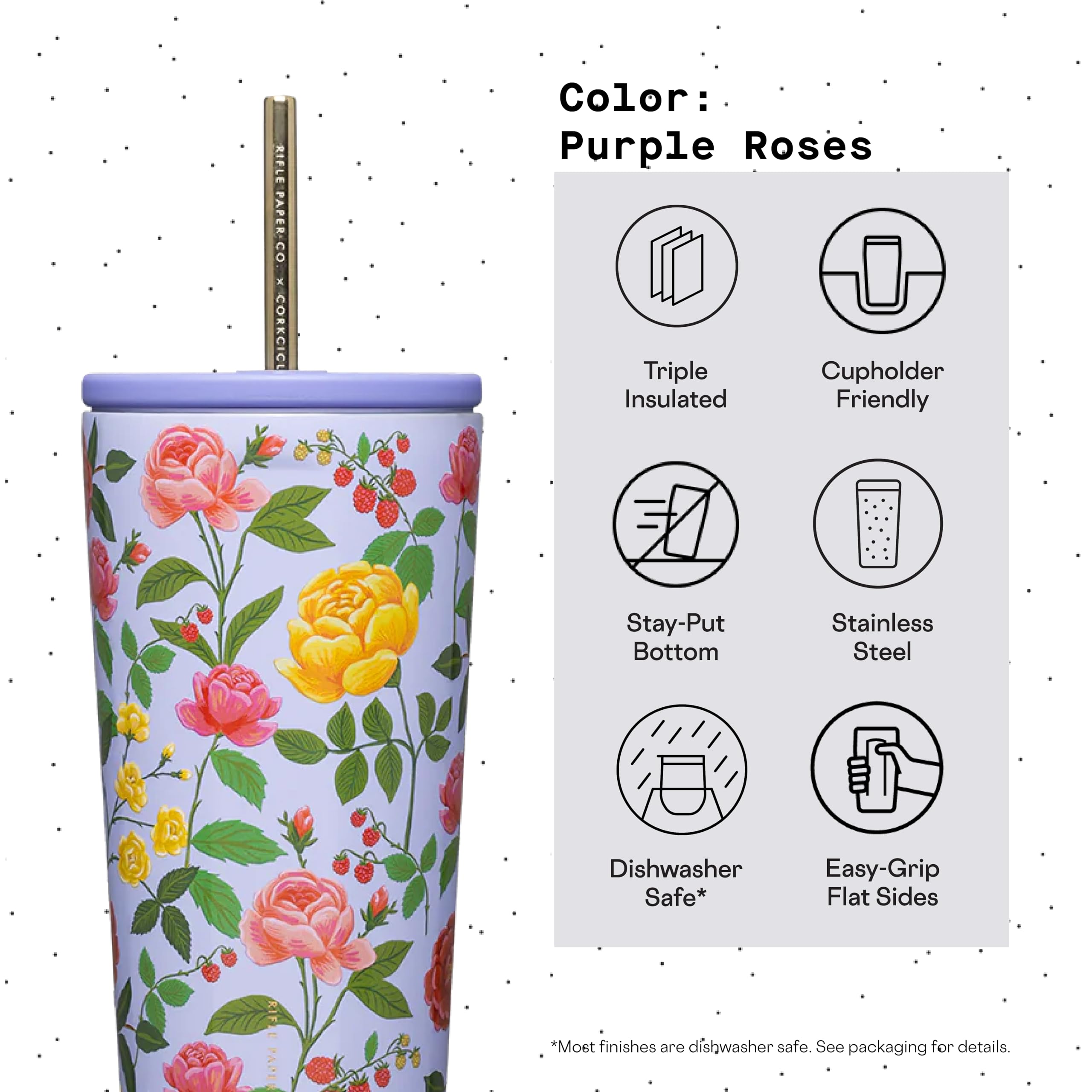 Corkcicle x Rifle Paper Co. Cold Cup Insulated Tumbler with Lid and Straw, Roses Purple, 24 oz β Reusable Water Bottle Keeps Beverages Cold for 12hrs, Hot 5hrs β Cupholder Friendly, Flexible Sip Lid