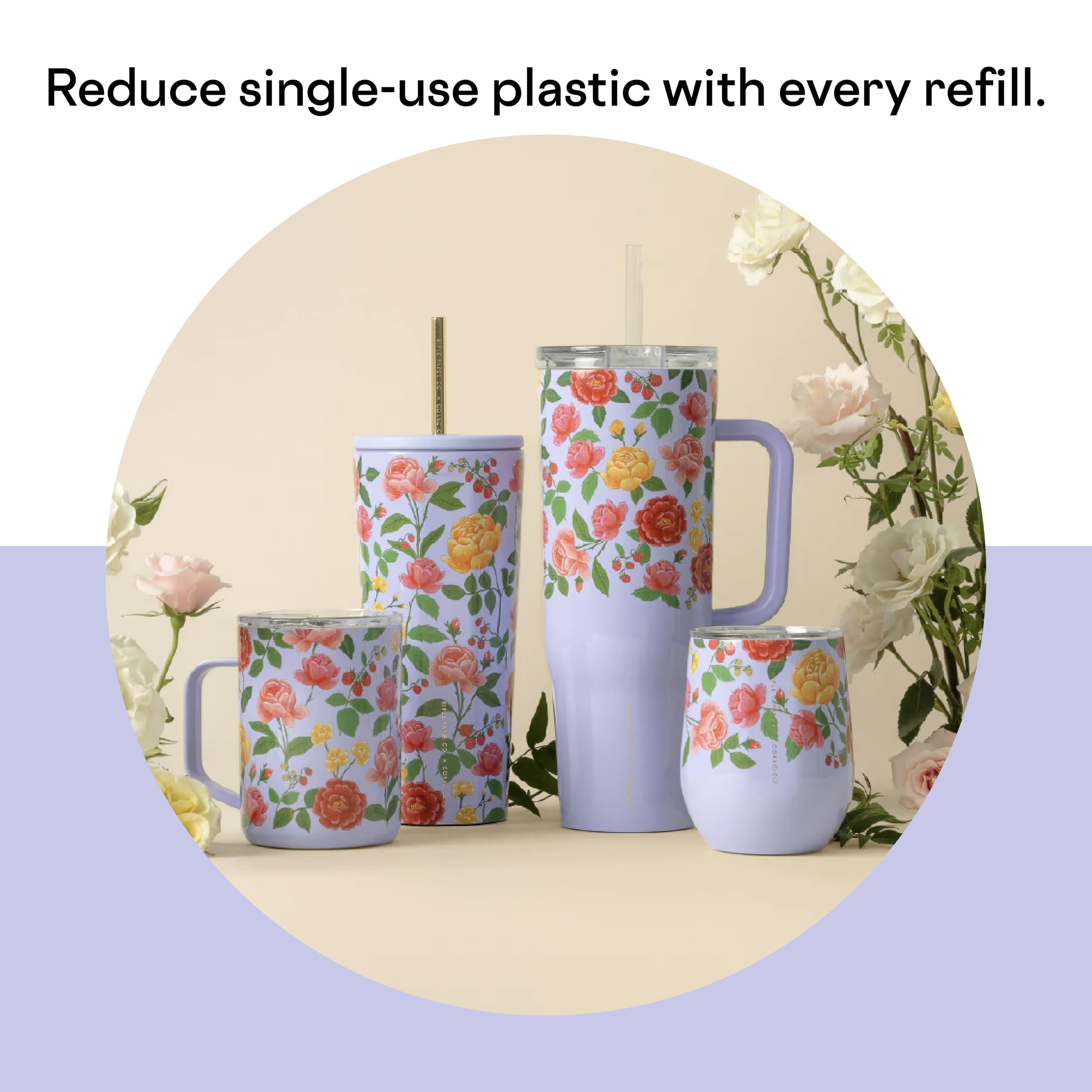 Corkcicle x Rifle Paper Co. Cold Cup Insulated Tumbler with Lid and Straw, Roses Purple, 24 oz β Reusable Water Bottle Keeps Beverages Cold for 12hrs, Hot 5hrs β Cupholder Friendly, Flexible Sip Lid