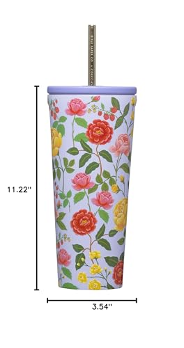 Corkcicle x Rifle Paper Co. Cold Cup Insulated Tumbler with Lid and Straw, Roses Purple, 24 oz β Reusable Water Bottle Keeps Beverages Cold for 12hrs, Hot 5hrs β Cupholder Friendly, Flexible Sip Lid