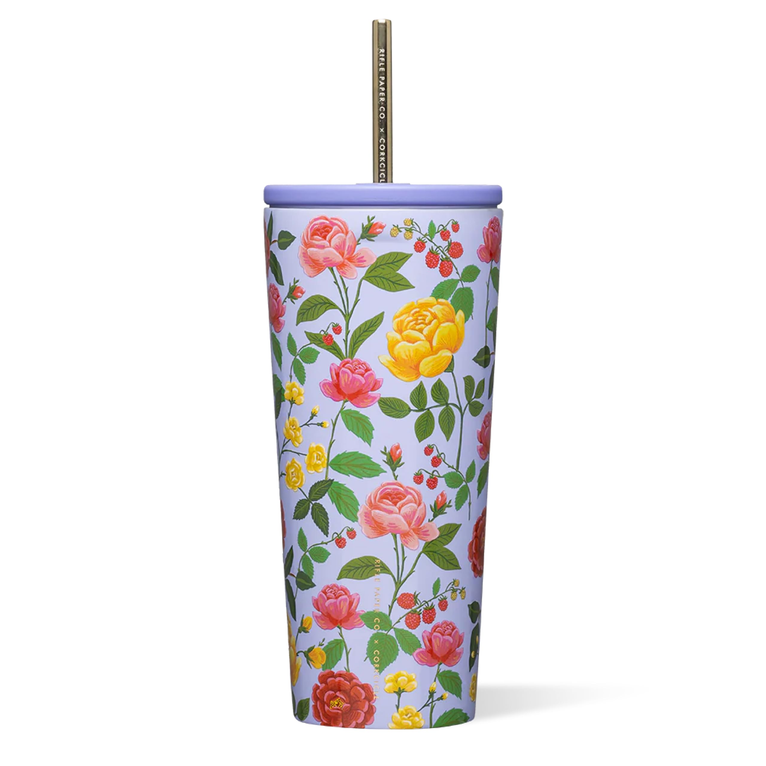 Corkcicle x Rifle Paper Co. Cold Cup Insulated Tumbler with Lid and Straw, Roses Purple, 24 oz – Reusable Water Bottle Keeps Beverages Cold for 12hrs, Hot 5hrs – Cupholder Friendly, Flexible Sip Lid