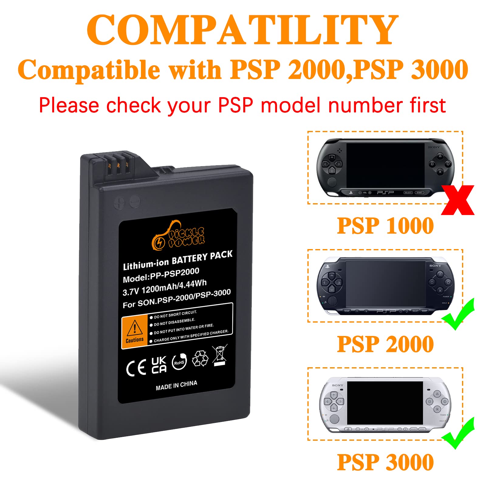 Pickle Power PSP 3000/2000 Battery with PSP Charger Cable for PSP 3000 / PSP Slim 2000 PSP-S110,PSP-3001, PSP-3000, PSP-3002, PSP-3004, PSP-2001, PSP Slim Console