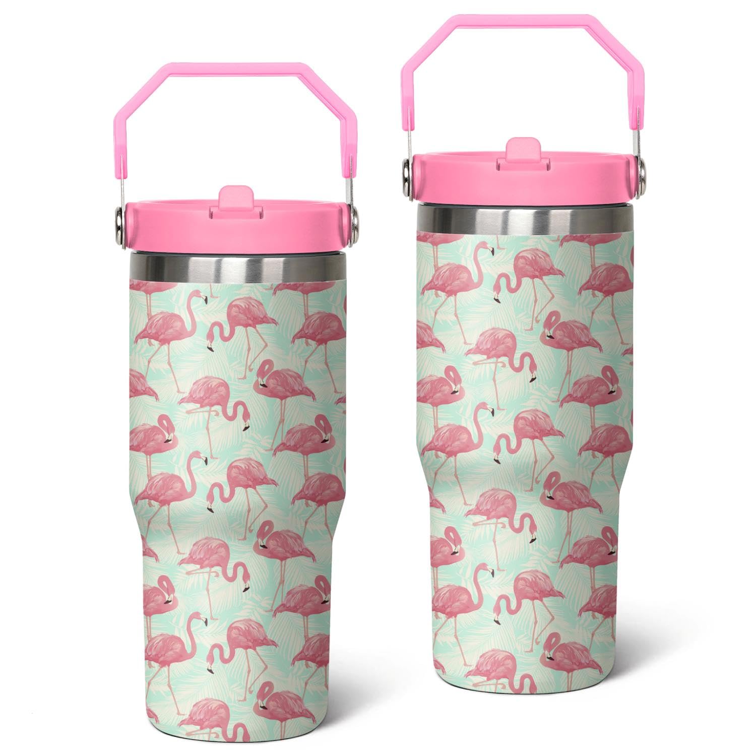 30 oz Flamingo Tumbler with Handle, Large Insulated Tumbler with Flip & Straw Coffee Mug Cup Stainless Steel Gifts for Women Men Youth
