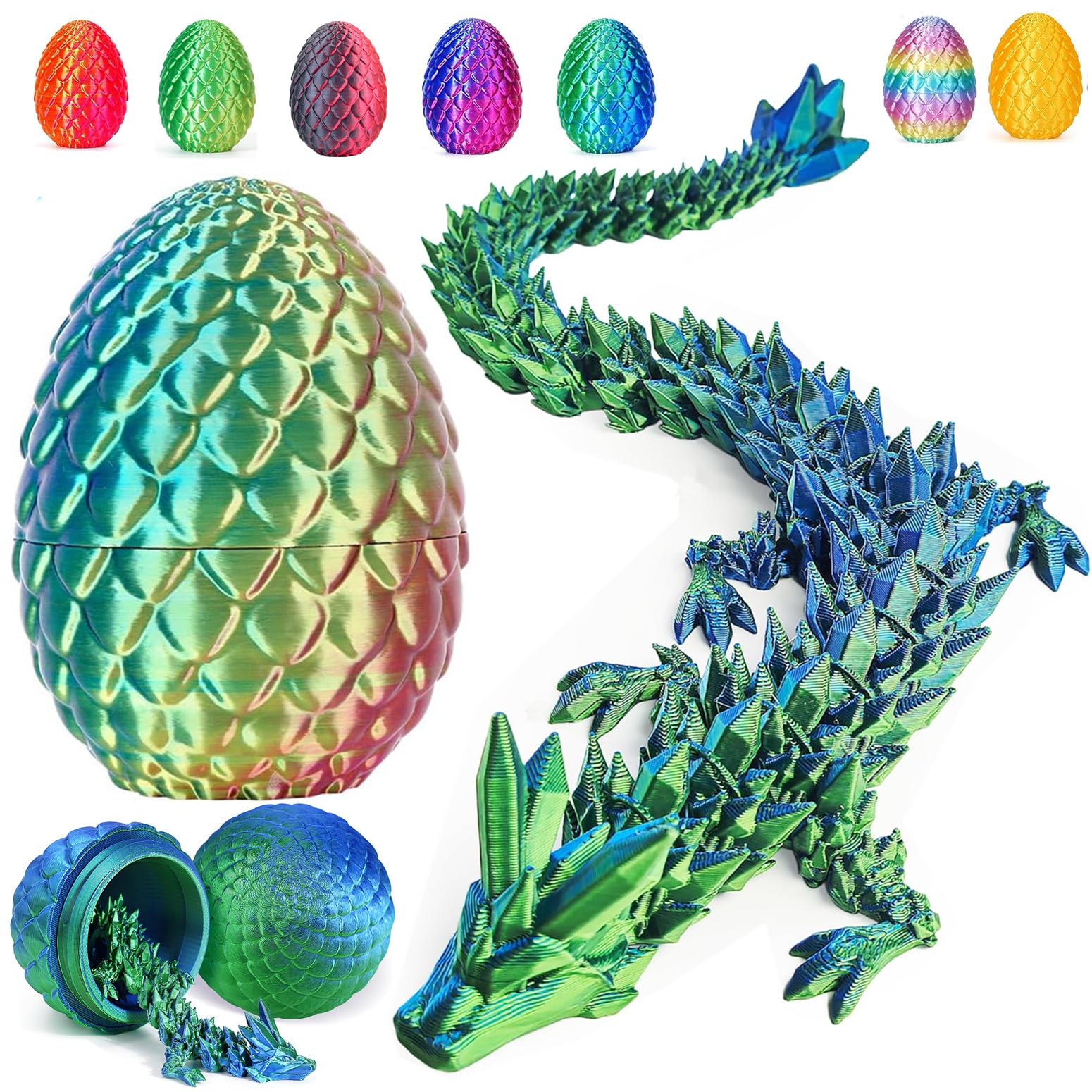 Dragon Egg 12In Dragon Toy 3D Printed Dragon Fidget Toys, 3D Printed Dragon Egg with Articulated Dragon Inside, Fidget Toys for Autism/ADHD, Easter Gifts(Bluegreen)