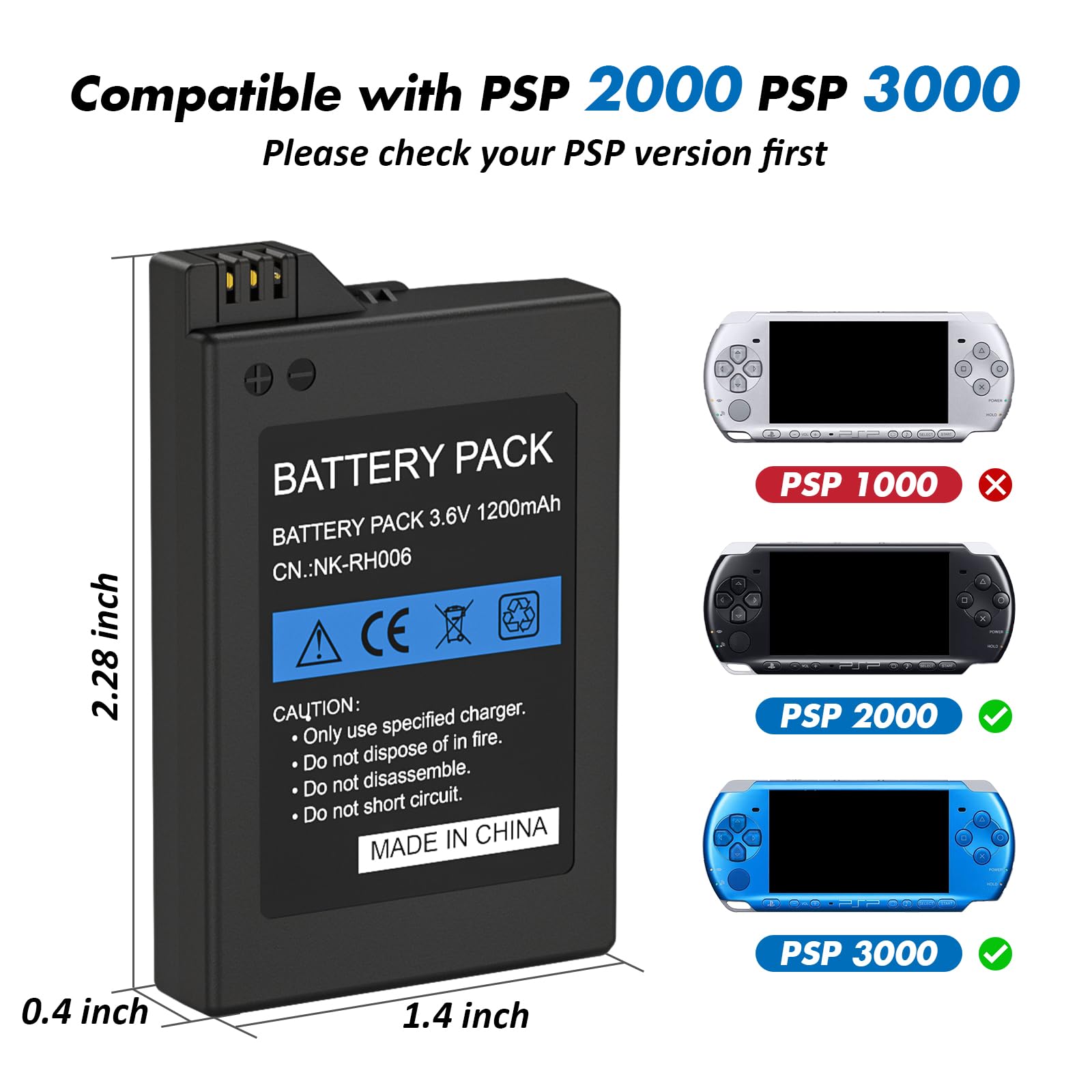 KEKUCULL 2Pcs Rechargeable Battery Real Capacity 1200mAh Lithium Ion Battery Pack Replacement for PSP-2000, PSP-2001, PSP-3000, PSP-3001, PSP-3002, PSP-3004, PSP Lite, and PSP Slim Console