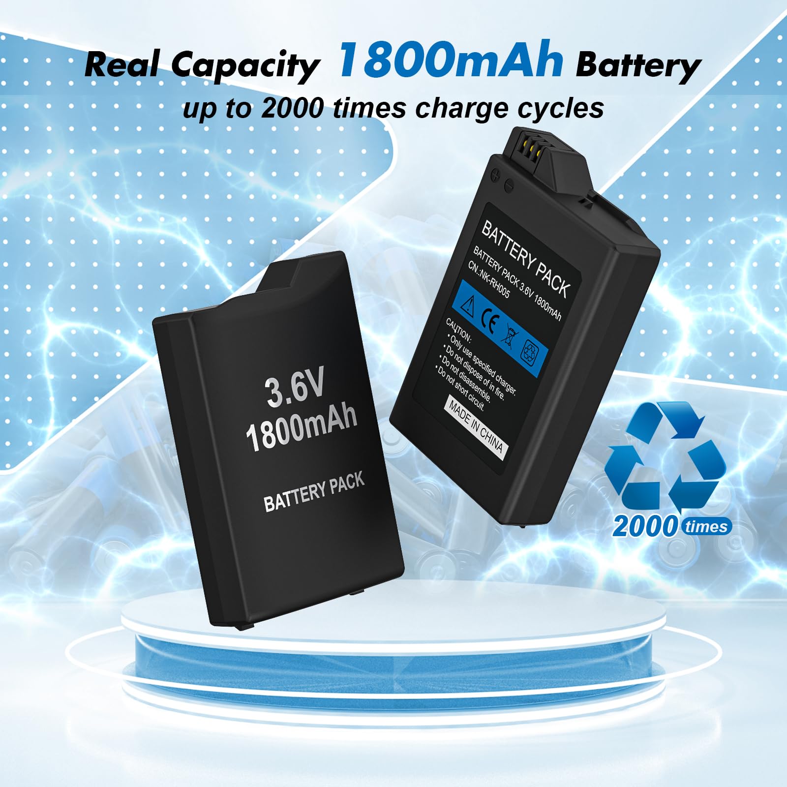 KEKUCULL 2Pcs Rechargeable Battery Real Capacity 1800mAh Lithium Ion Battery Pack Replacement for PSP 1000 PSP-110 (1001, 1002, 1003, 1004, 1005, 1006, 1007, 1008, 1010), PSP Fat Console