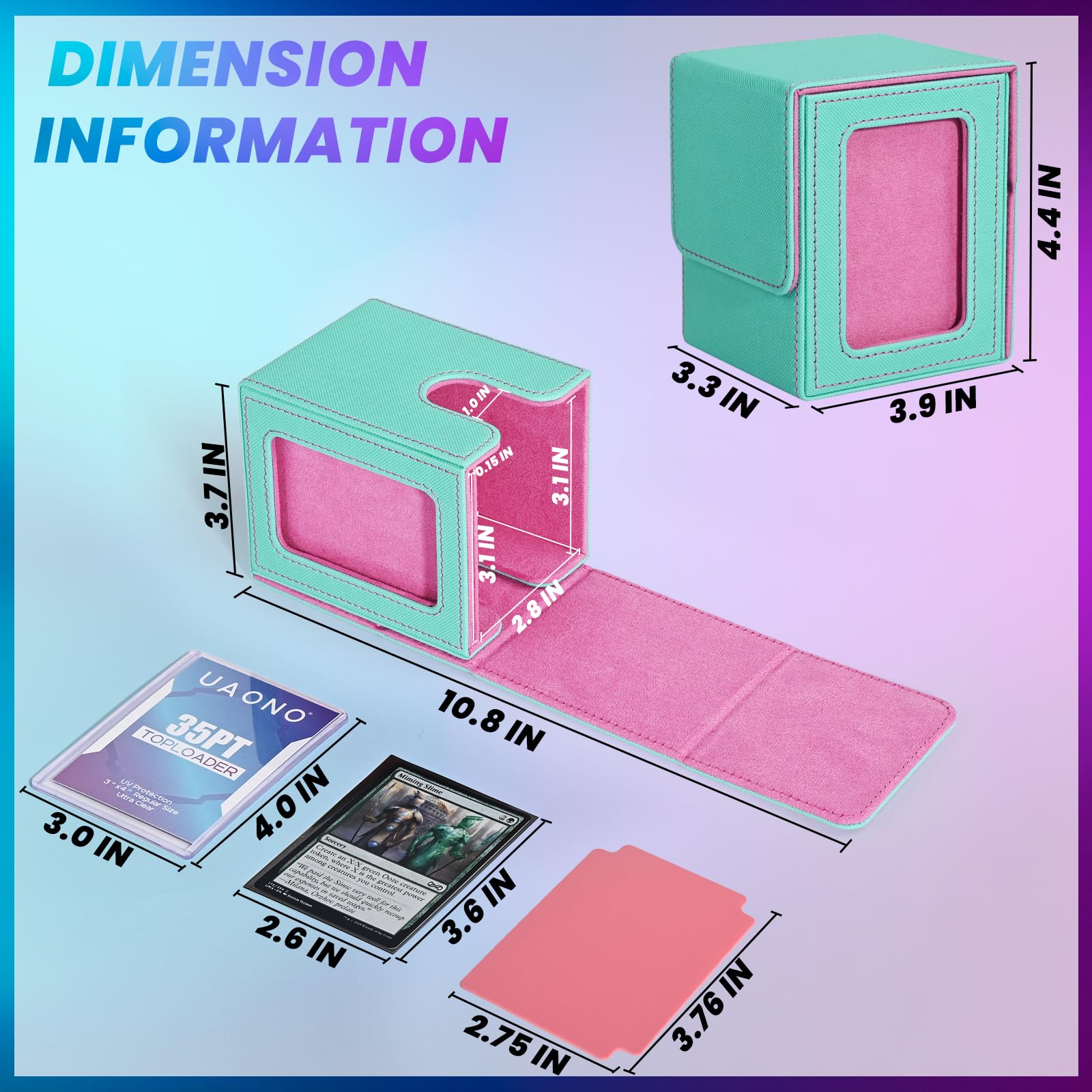 UAONO Card Deck Box with MTG Commander Display, Deck Case Holds 100+ Double-Sleeved Cards, Trading Card Storage Box Fits TCG/PTCG/Sports Card with 2 Dividers, 1 Toploader (Turquoise, Pink)