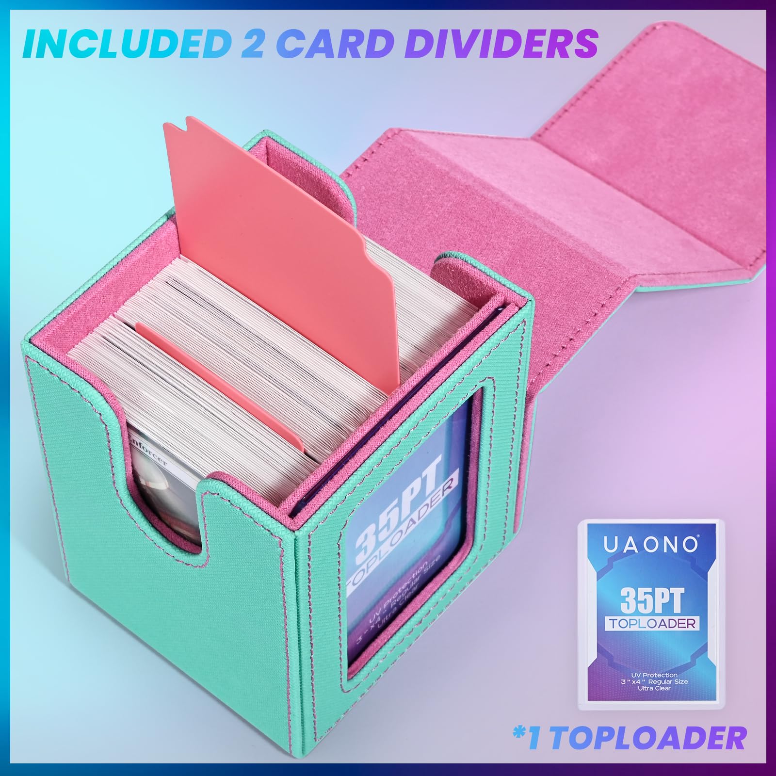 UAONO Card Deck Box with MTG Commander Display, Deck Case Holds 100+ Double-Sleeved Cards, Trading Card Storage Box Fits TCG/PTCG/Sports Card with 2 Dividers, 1 Toploader (Turquoise, Pink)
