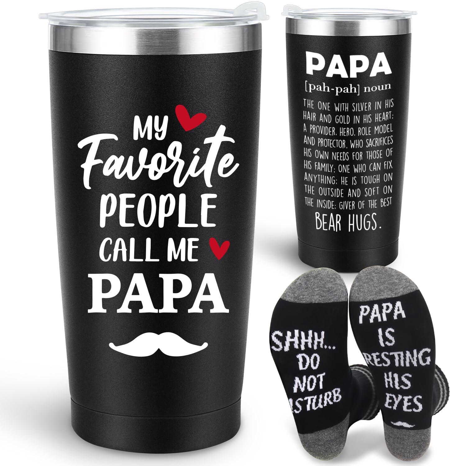 Papa Tumbler Cup Gifts for Grandpa Papa Fathers Day Birthday Gifts from Grandkids, Granddad Grandfather Grandparents Gift from Granddaughter, Best Grandpa Ever Gift, 20oz Black Cup and Socks Set