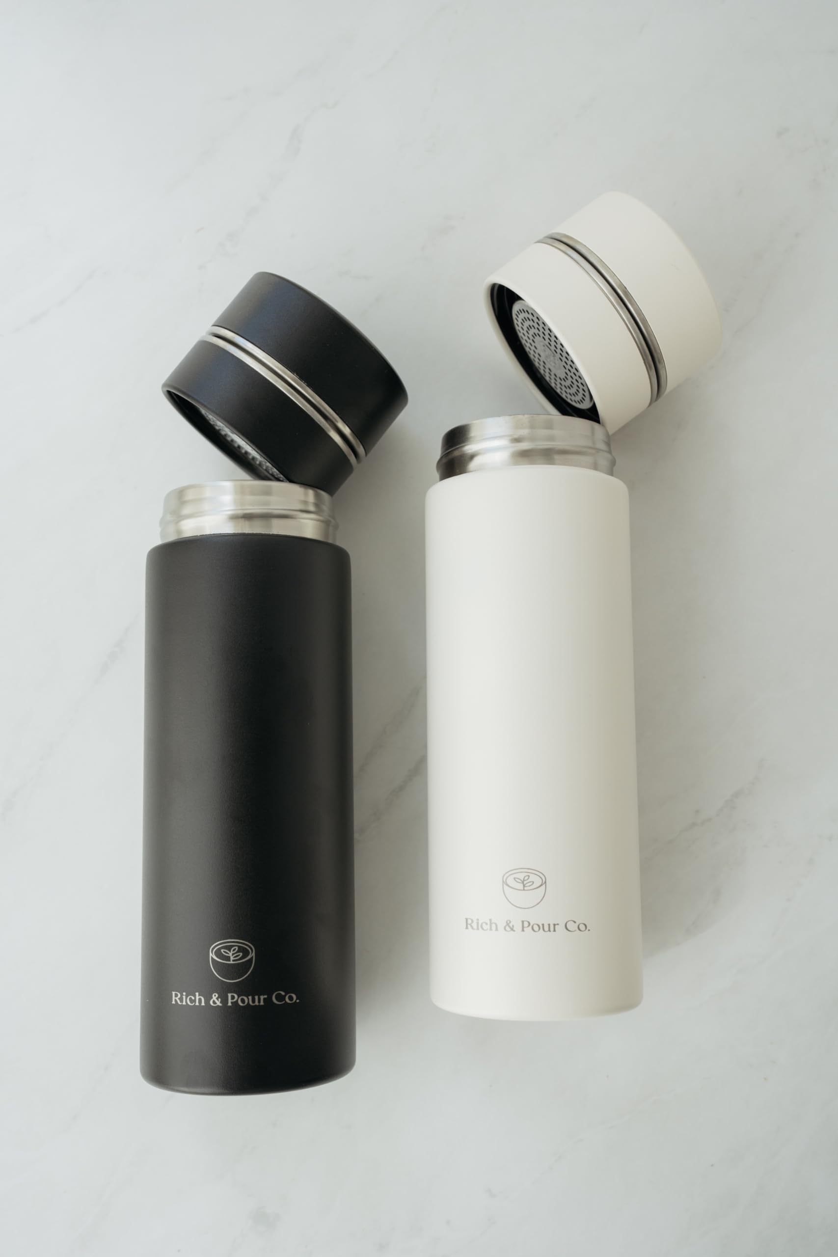 Insulated Tea Infuser Tumbler Thermos - Stainless Steel Travel Tea Mug with Lid | Cold Brew Coffee Mug Flask (Black Detachable, 15.9oz)