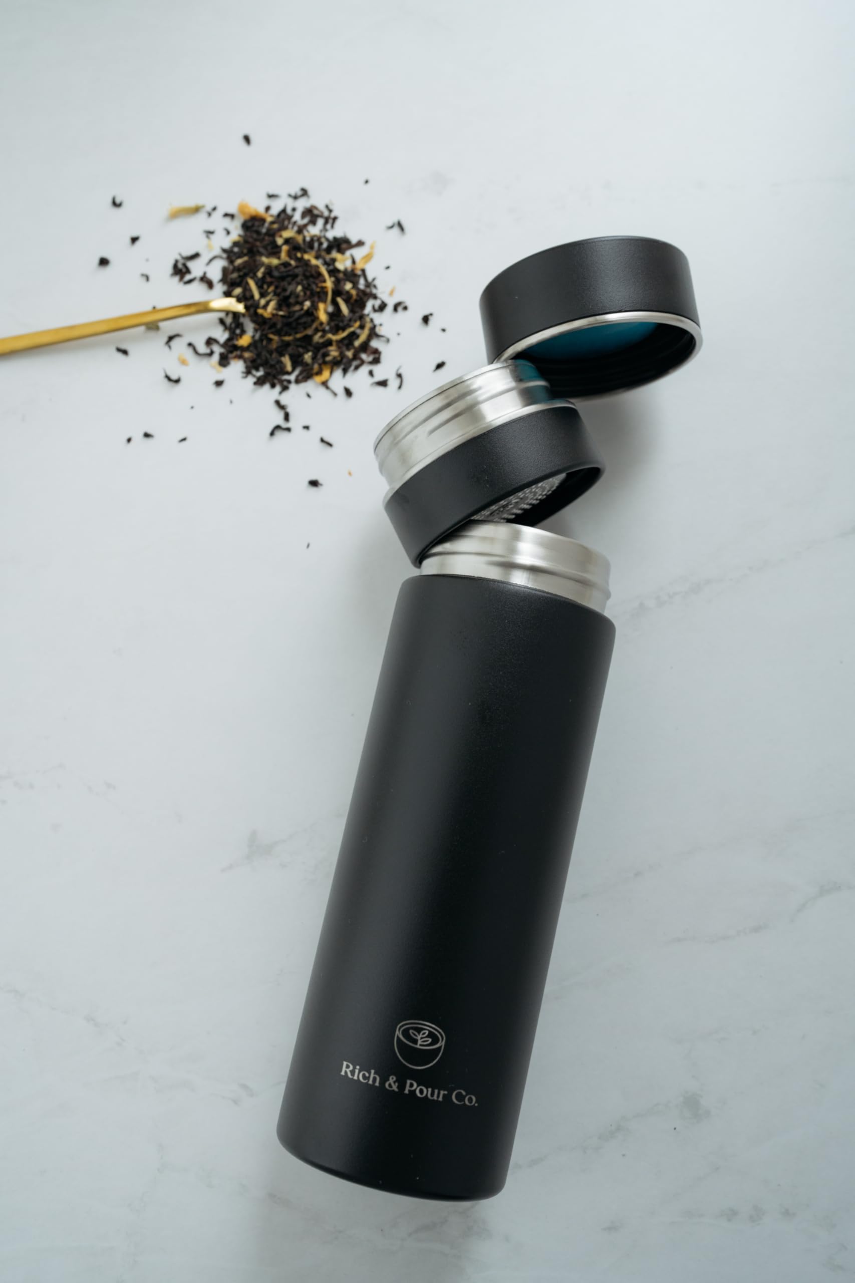 Insulated Tea Infuser Tumbler Thermos - Stainless Steel Travel Tea Mug with Lid | Cold Brew Coffee Mug Flask (Black Detachable, 15.9oz)