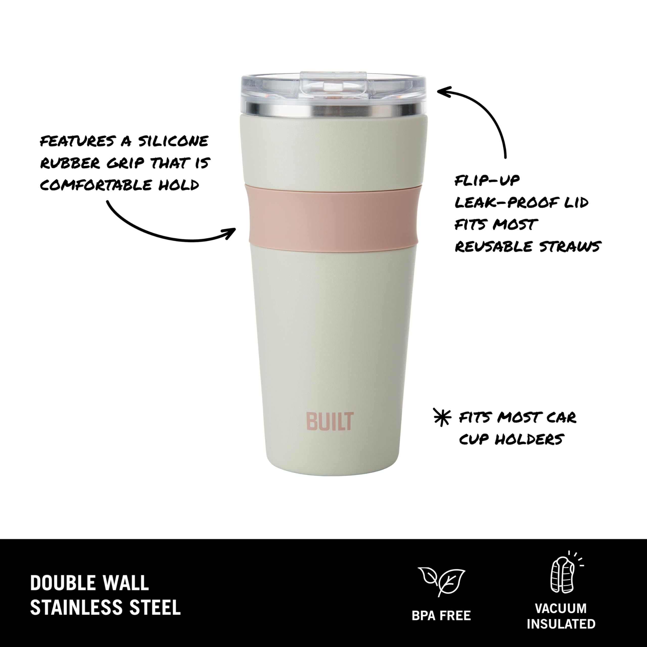 BUILT 24oz Shasta Double Wall Vacuum Insulated Stainless Steel Tumbler with Easy to Clean Flip to Open Lid, Oat