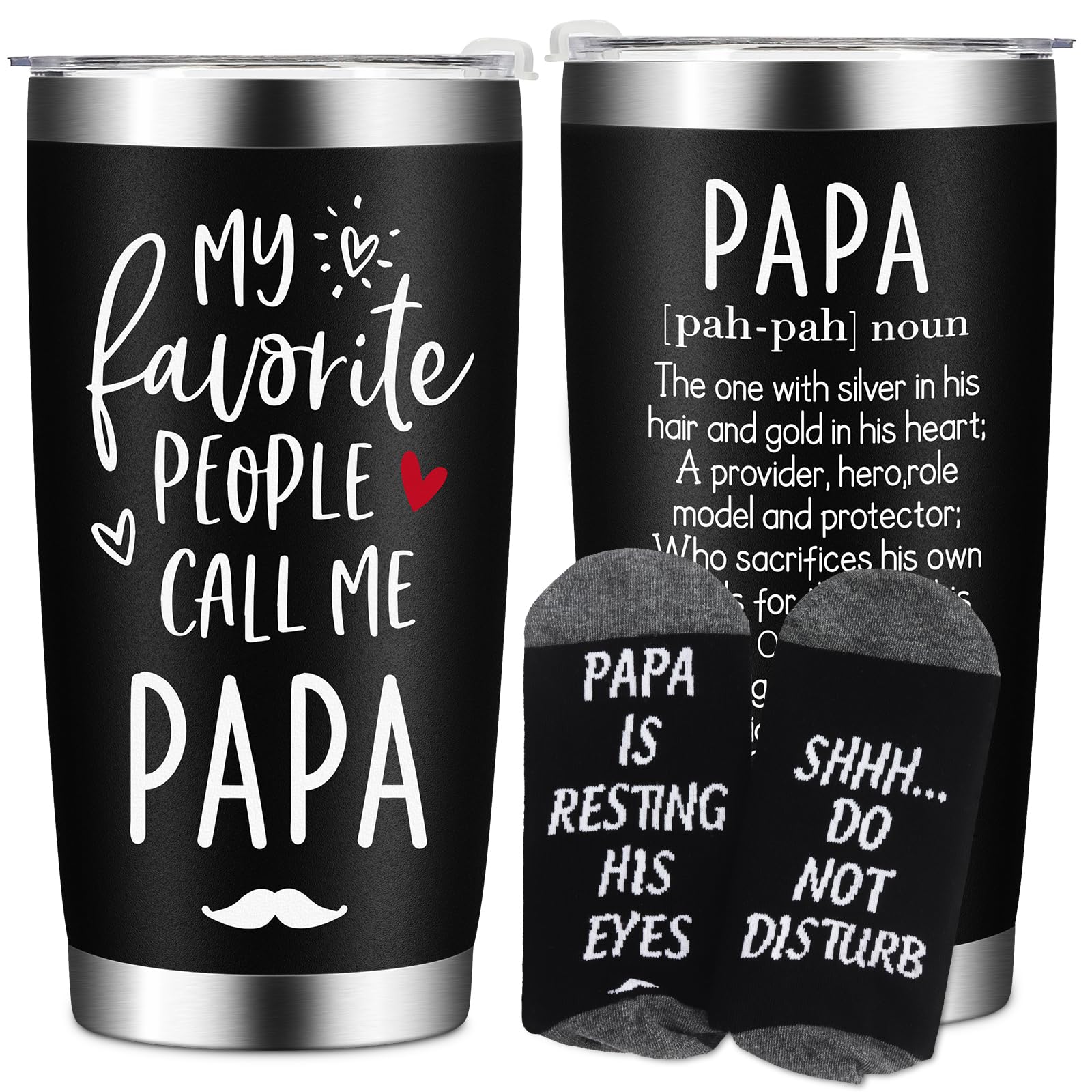 Papa Christmas Gifts from Grandkids Granddaughter Grandson Grandpa Birthday Gifts Idea for Granddad Grandfather Best Papa Ever Gifts for Father's Day Gift My Favorite Papa Tumbler + Socks (20oz Black)