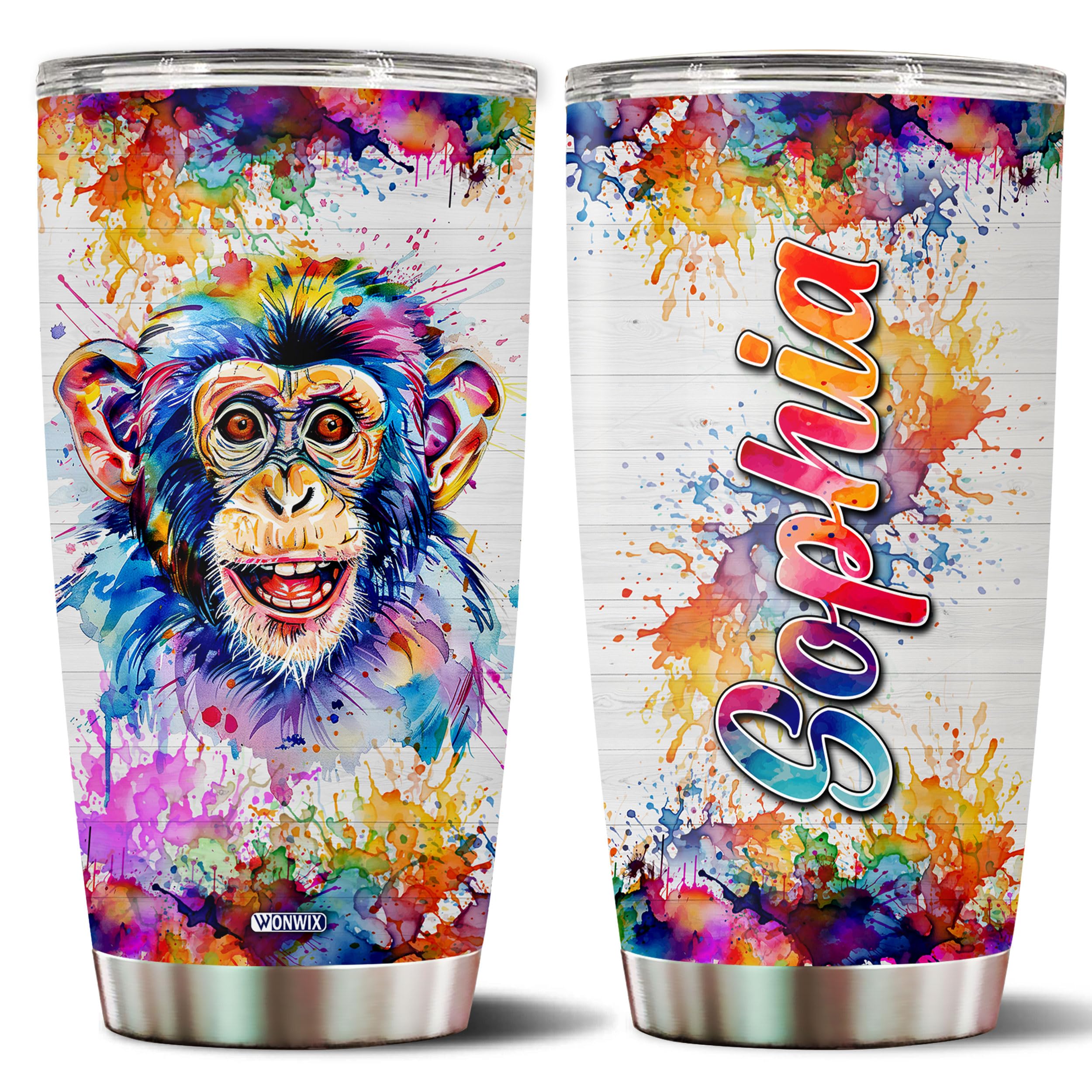 WONWIX Personalized Monkey Tumbler Gifts for Women Monkey Lover Custom Name Watercolor Coffee Cup Travel Mug Gift for Her Girls 20oz Insulated Stainless Steel With Lid