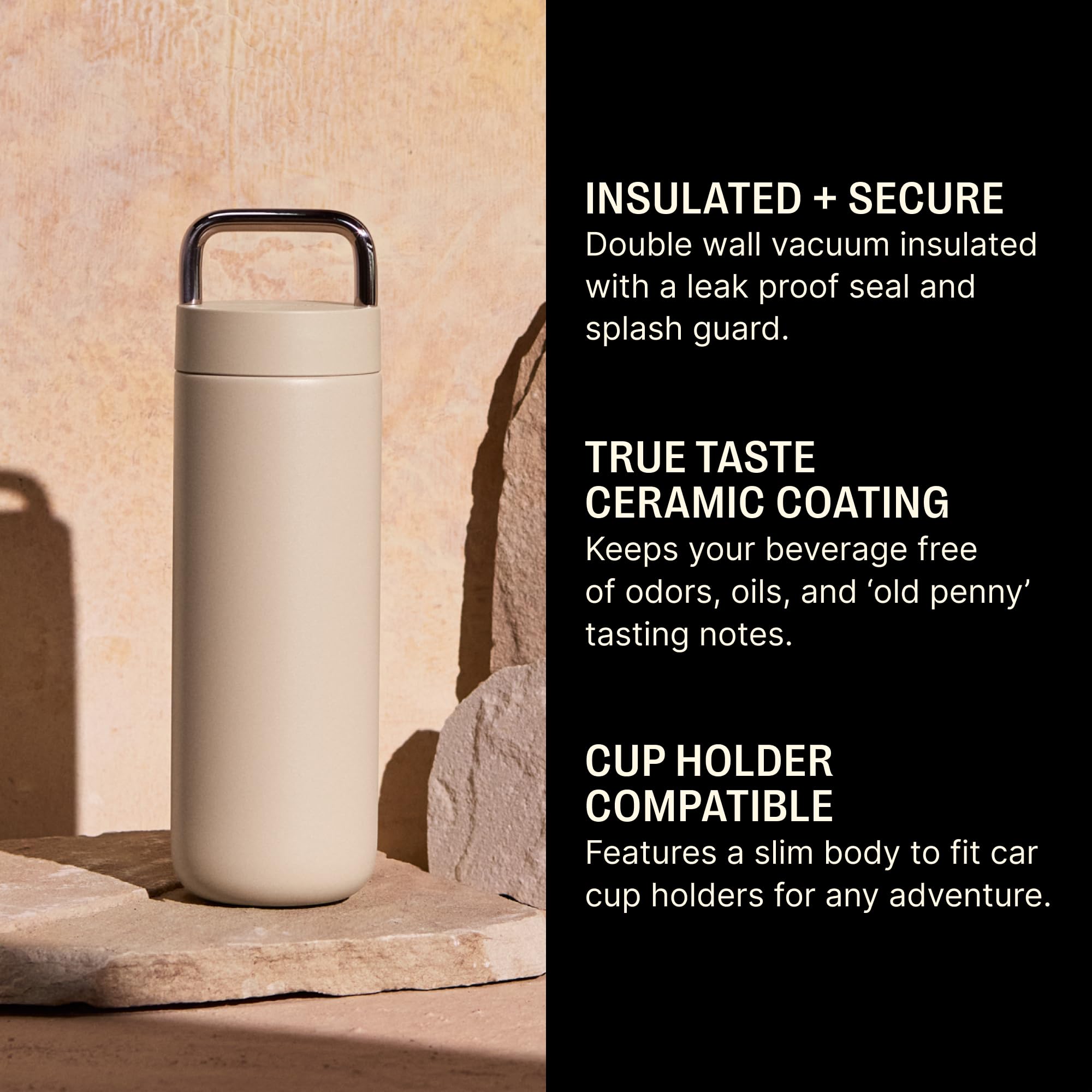 Fellow 20 oz Carter Carry Vacuum Insulated Tumbler for Water, Tea, Coffee, Smoothies, & more - Stainless Steel - Keeps Heat for 12 Hours/Stays Cold for 24 Hours-Leak-Proof Seal-Slim Width-Sand Dune