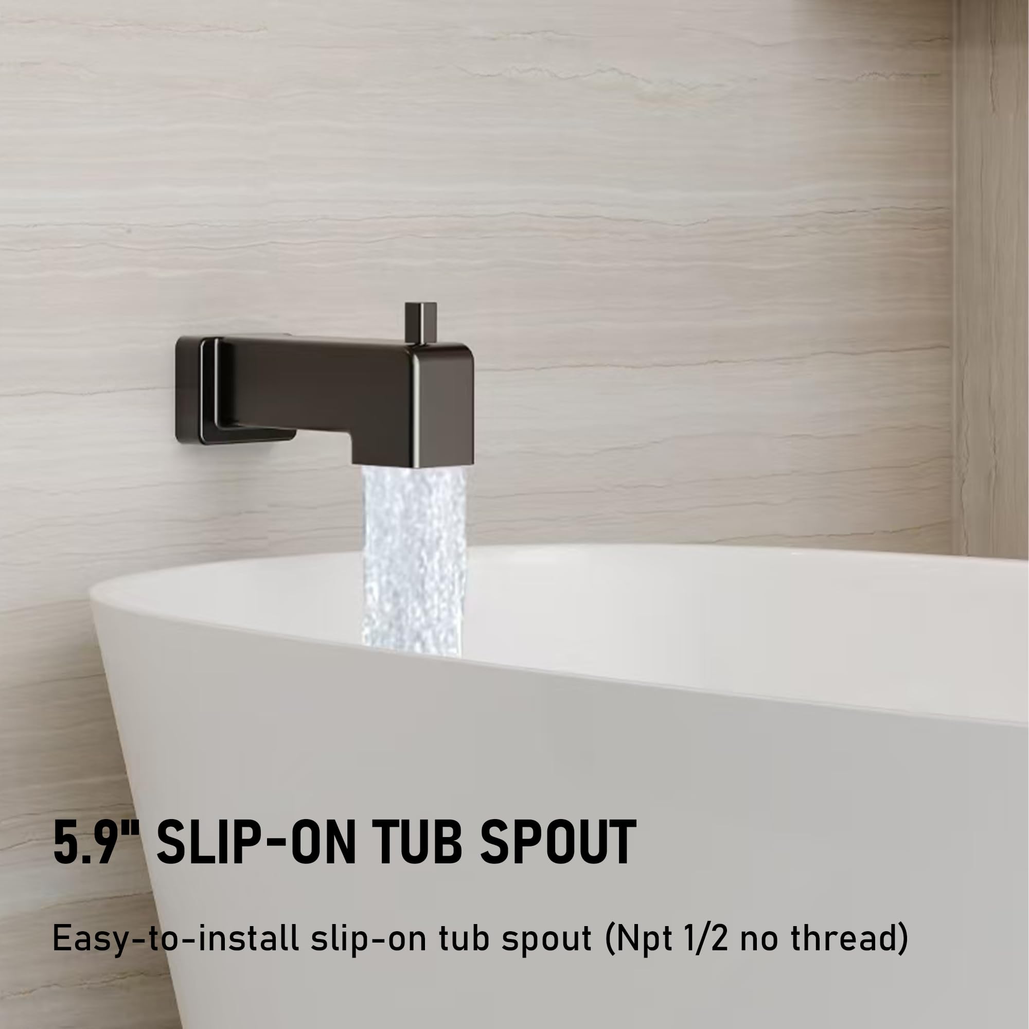 Kedra Slip On Diverter Tub Spout, 5.9 Inch Bathtub Spout with Diverter, Replacement Bath Tub Faucet for 1/2" Copper Water Tube, Matte Black