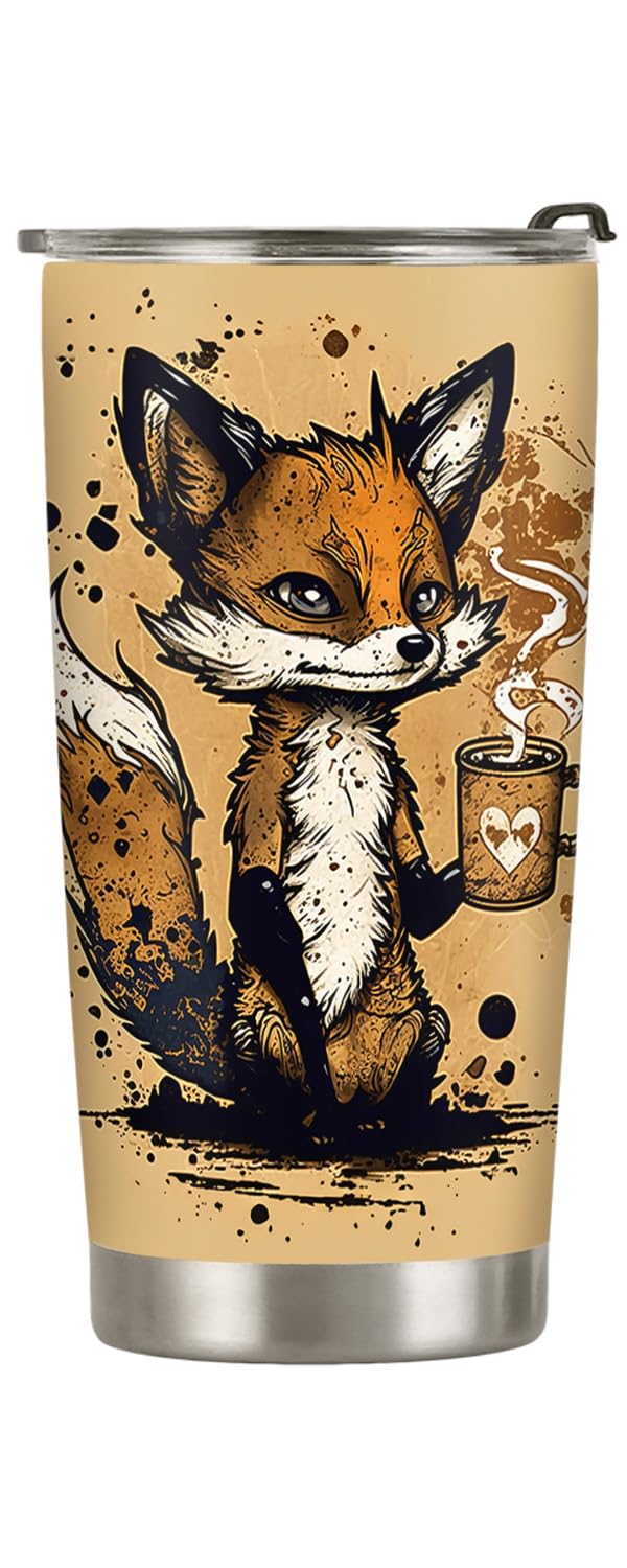 20oz Vintage Coffee Fox Tumbler, Gifts for Fox Lovers, Coffees Thermos for Women, Stainless Steel Double Wall Vacuum Insulated Coffee Mug, Travel Cup with Lid