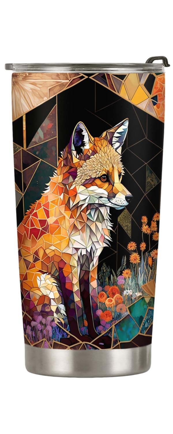 20oz Yellow Citrine Stained Glass Crystal Mosaic Fox Tumbler, Gifts for Fox Lovers, Coffee Thermos for Women, Stainless Steel Double Wall Vacuum Insulated Coffee Mug, Travel Cup with Lid
