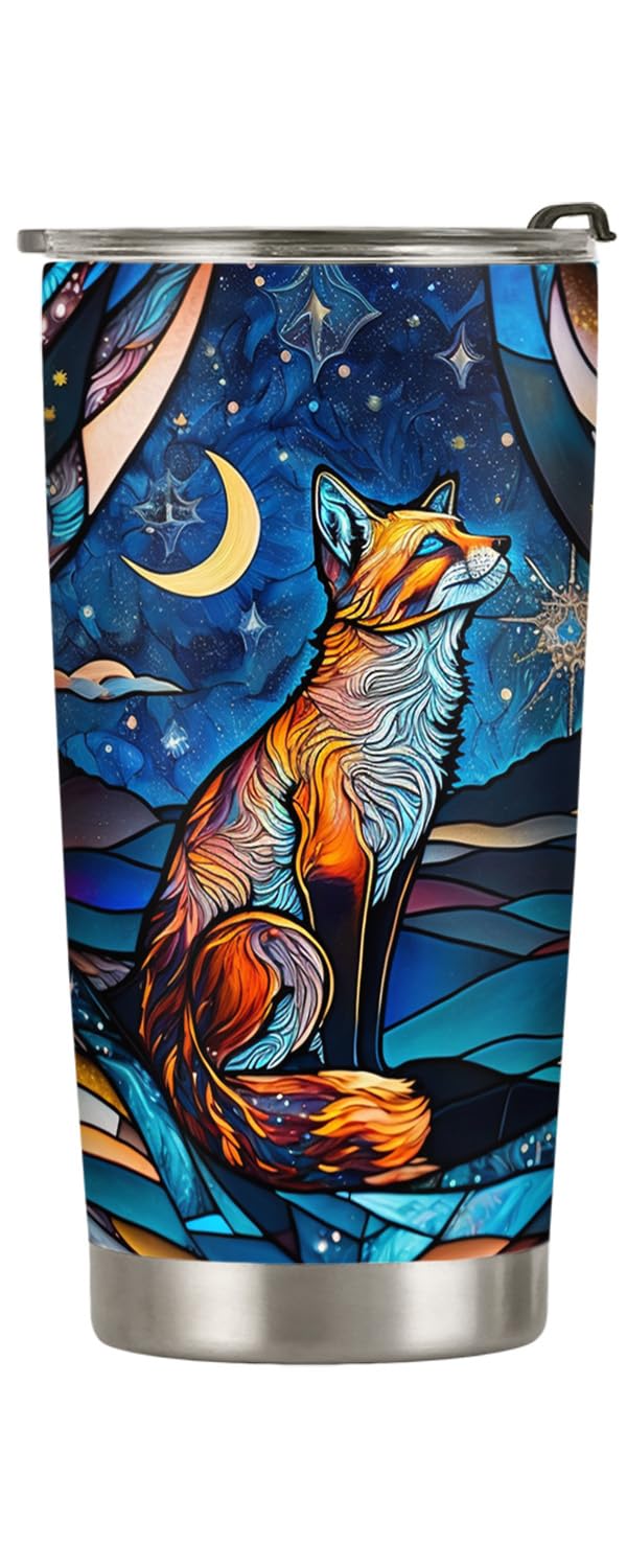 20oz Starry Moonlight Night Fox Tumbler, Gifts for Fox Lovers, Coffee Thermos for Women, Stainless Steel Double Wall Vacuum Insulated Coffee Mug, Travel Cup with Lid