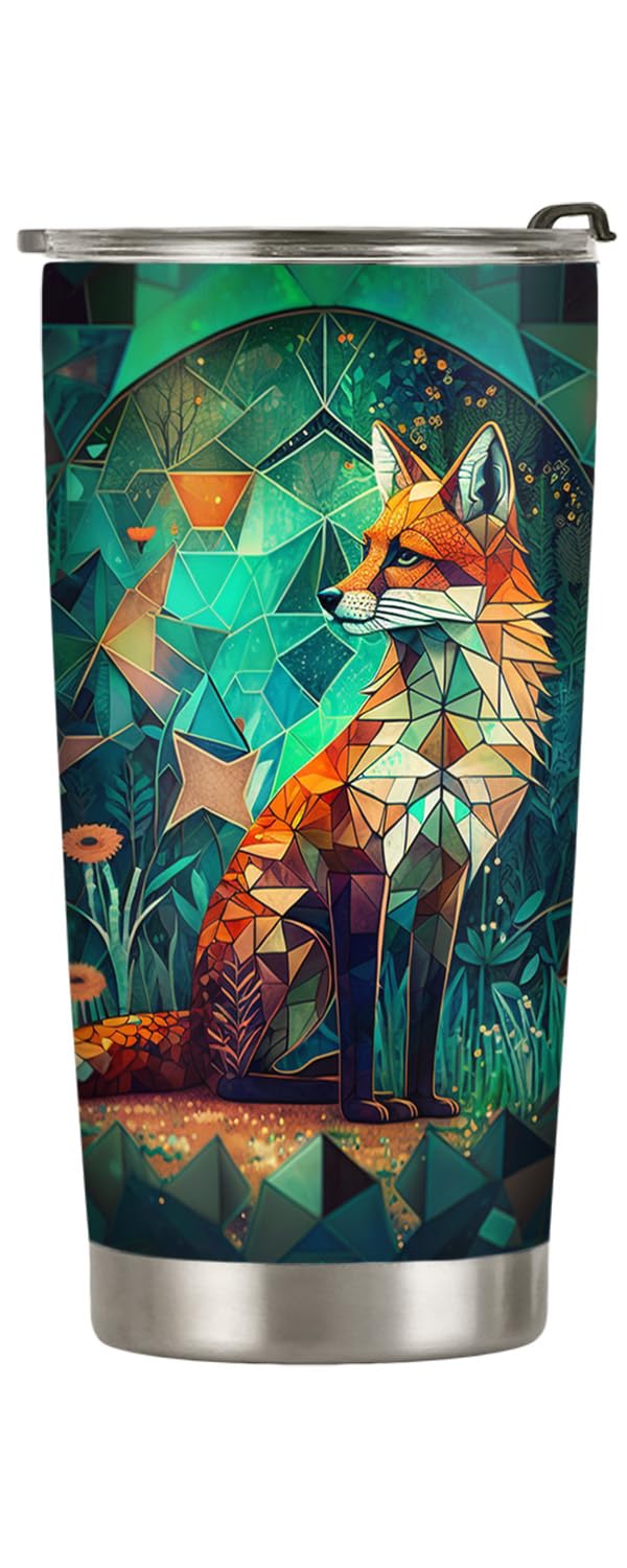 20oz Green Jade Stained Glass Crystal Mosaic Fox Tumbler, Gifts for Fox Lovers, Coffee Thermos for Women, Stainless Steel Double Wall Vacuum Insulated Coffee Mug, Travel Cup with Lid