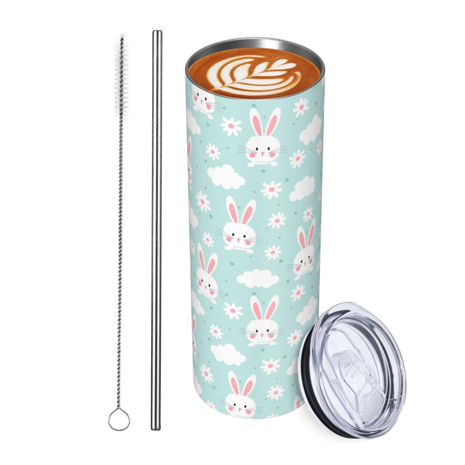 Srucddu 20oz Cute Rabbit Bunny Insulated Tumbler With Lid And Straw, 3d Print Vacuum Bunny Travel Mug Stainless Steel Coffee Tumbler Cup, Rabbit Tumbler for Women Girl Gifts
