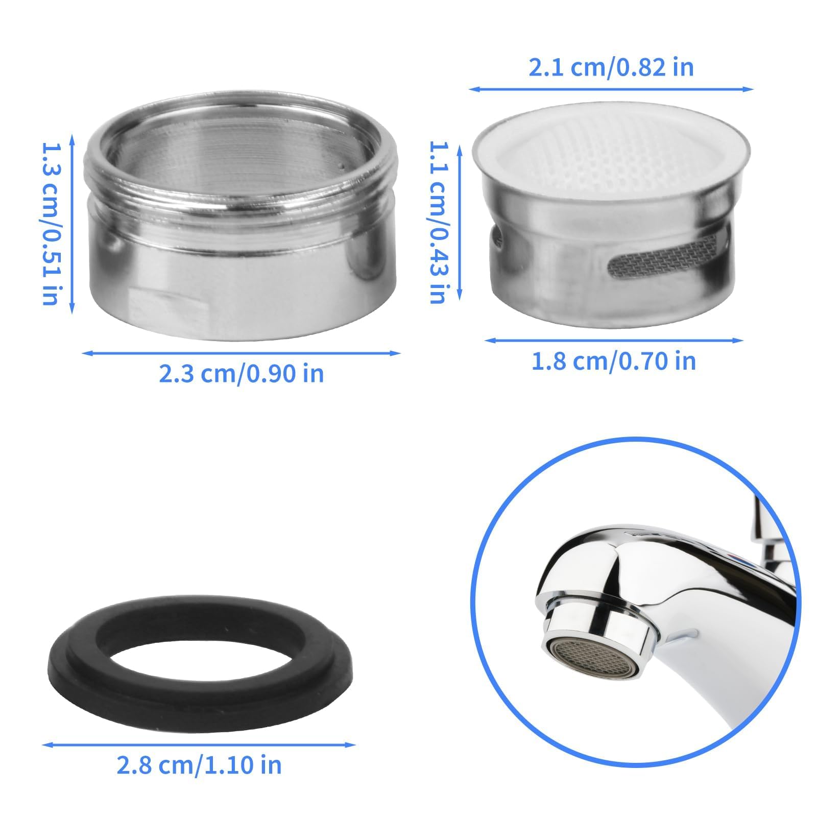 Stainless Steel Kitchen Faucet Aerator, 4 PCS Faucet Aerator, Bathroom Faucets Aerators Replacement Parts with 4 PCS Gasket, High Flow Faucets Aerators Sink Aerator for Kitchen Bathroom