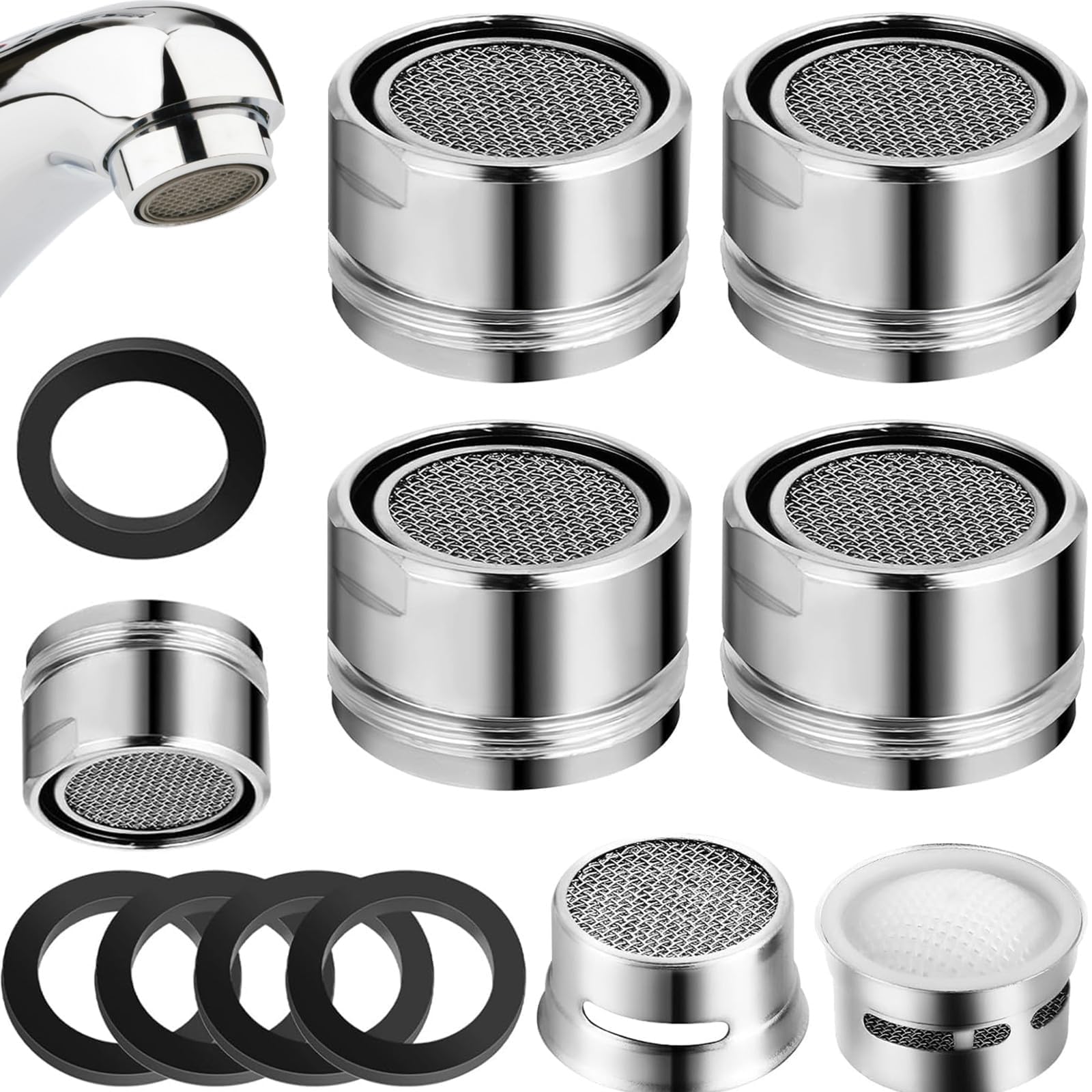 Stainless Steel Kitchen Faucet Aerator, 4 PCS Faucet Aerator, Bathroom Faucets Aerators Replacement Parts with 4 PCS Gasket, High Flow Faucets Aerators Sink Aerator for Kitchen Bathroom