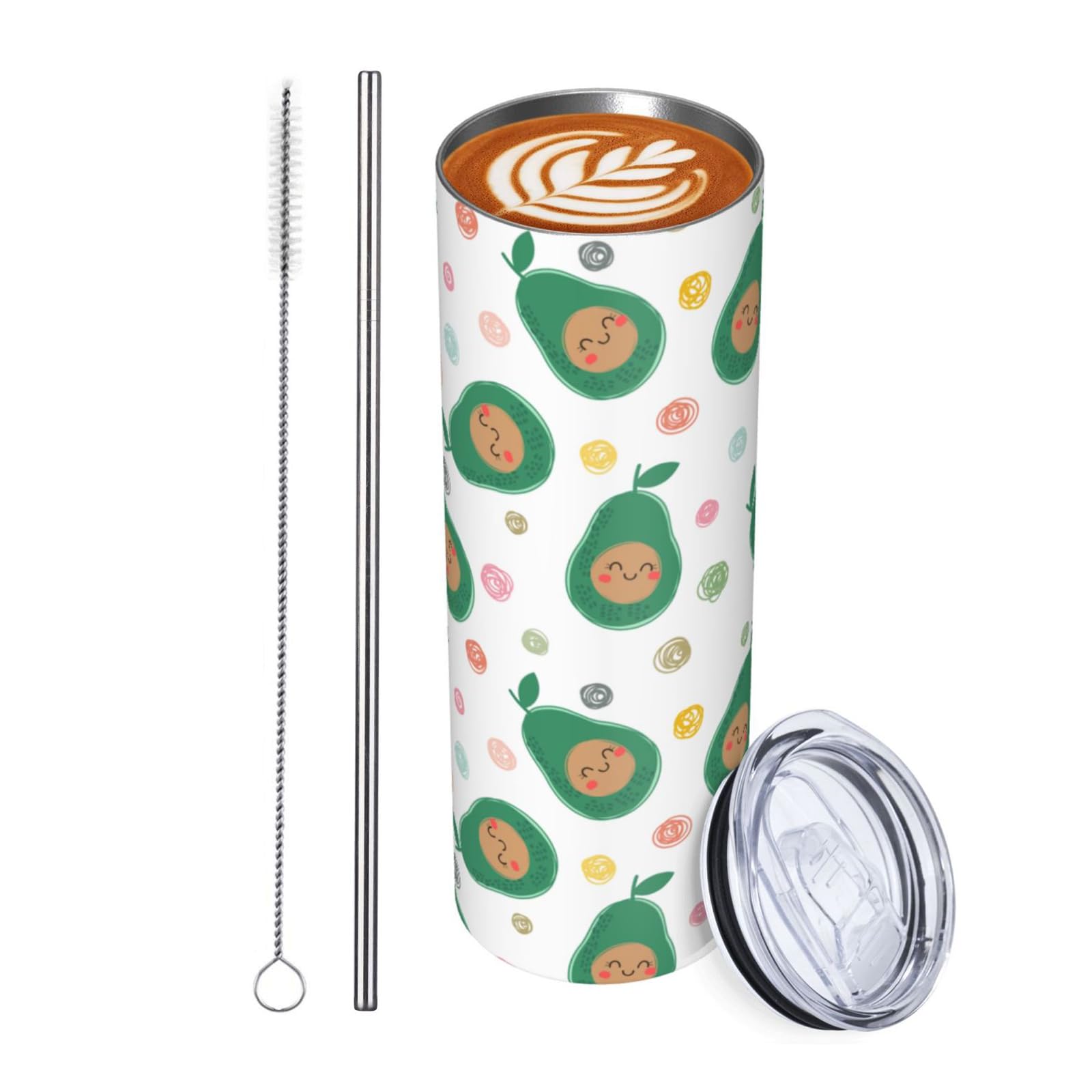 Srucddu 20oz Cute Avocado Insulated Tumbler With Lid and Straw, 3D Print Vacuum Travel Mug Stainless Steel Coffee Cup for Women Girl Gifts