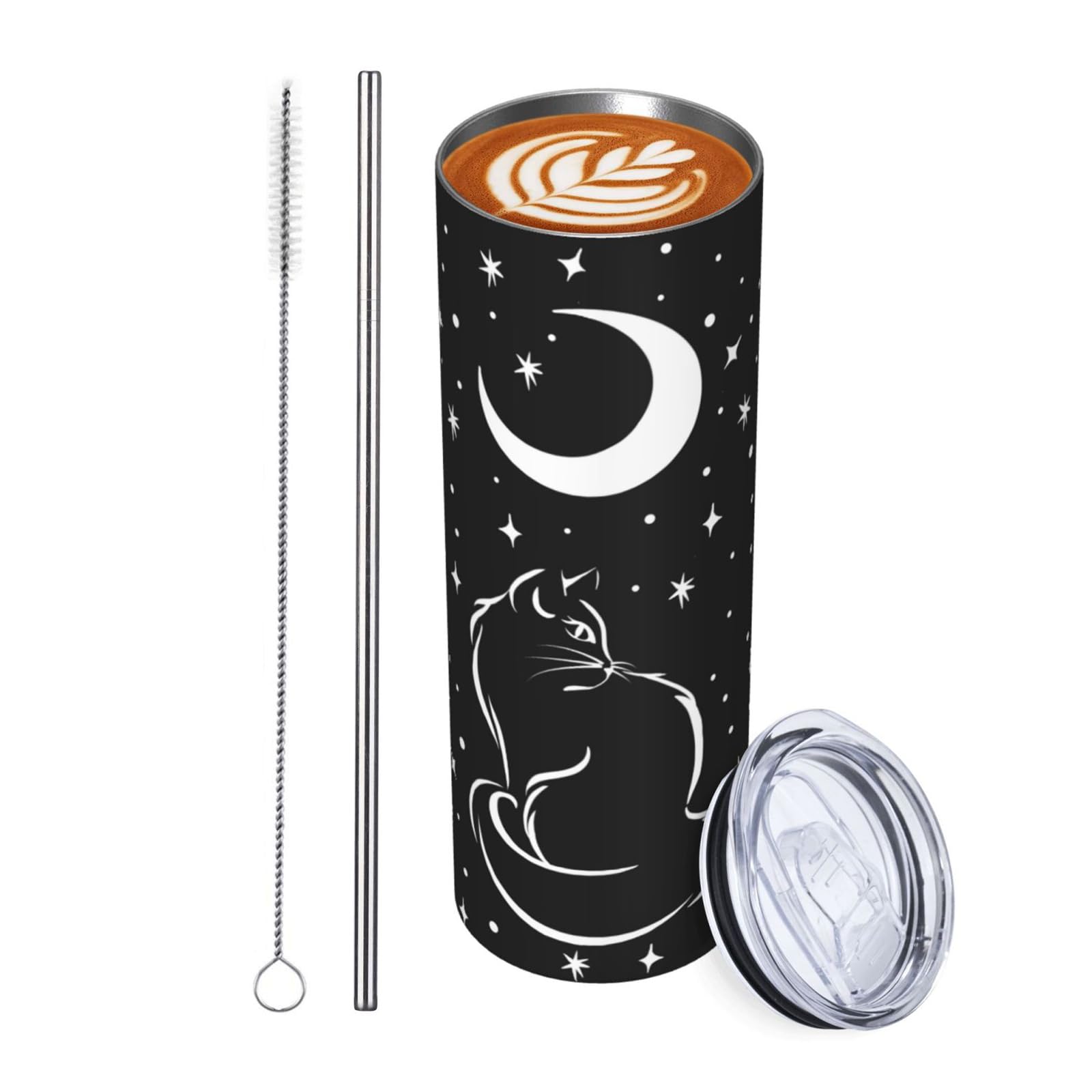Srucddu 20oz Black Cat Moon Cat Insulated Tumbler With Lid And Straw, 3d Print Vacuum Cat Travel Mug Stainless Steel Coffee Tumbler Cup, Cat Gifts Cat Lover Tumbler for Cat Mom Women Girl