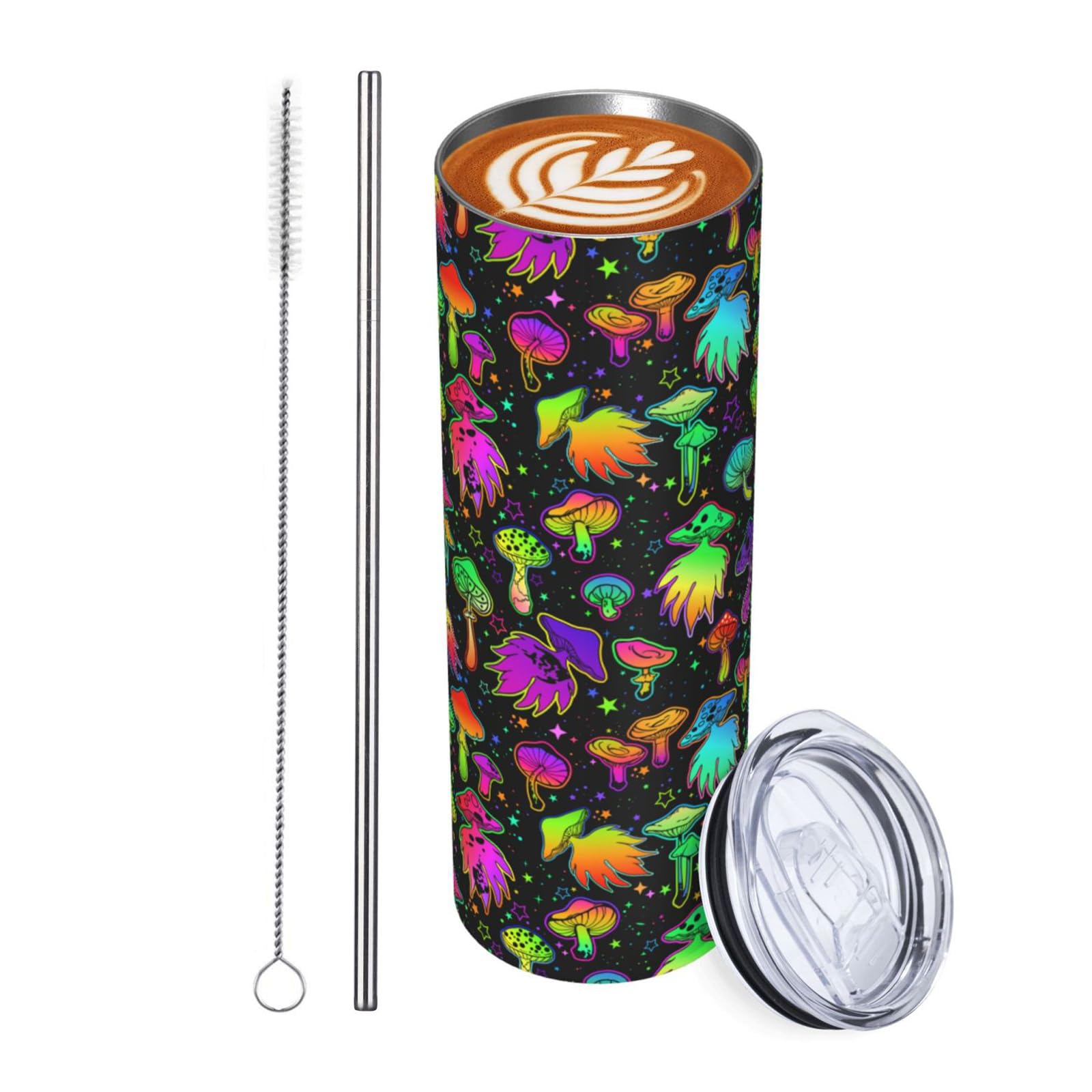Srucddu 20oz Insulated Tumbler With Lid And Straw, 3D Print Vacuum Travel Mug, Stainless Steel Coffee Tumbler Cup, Mushroom Tumbler for Women, Girl Gifts