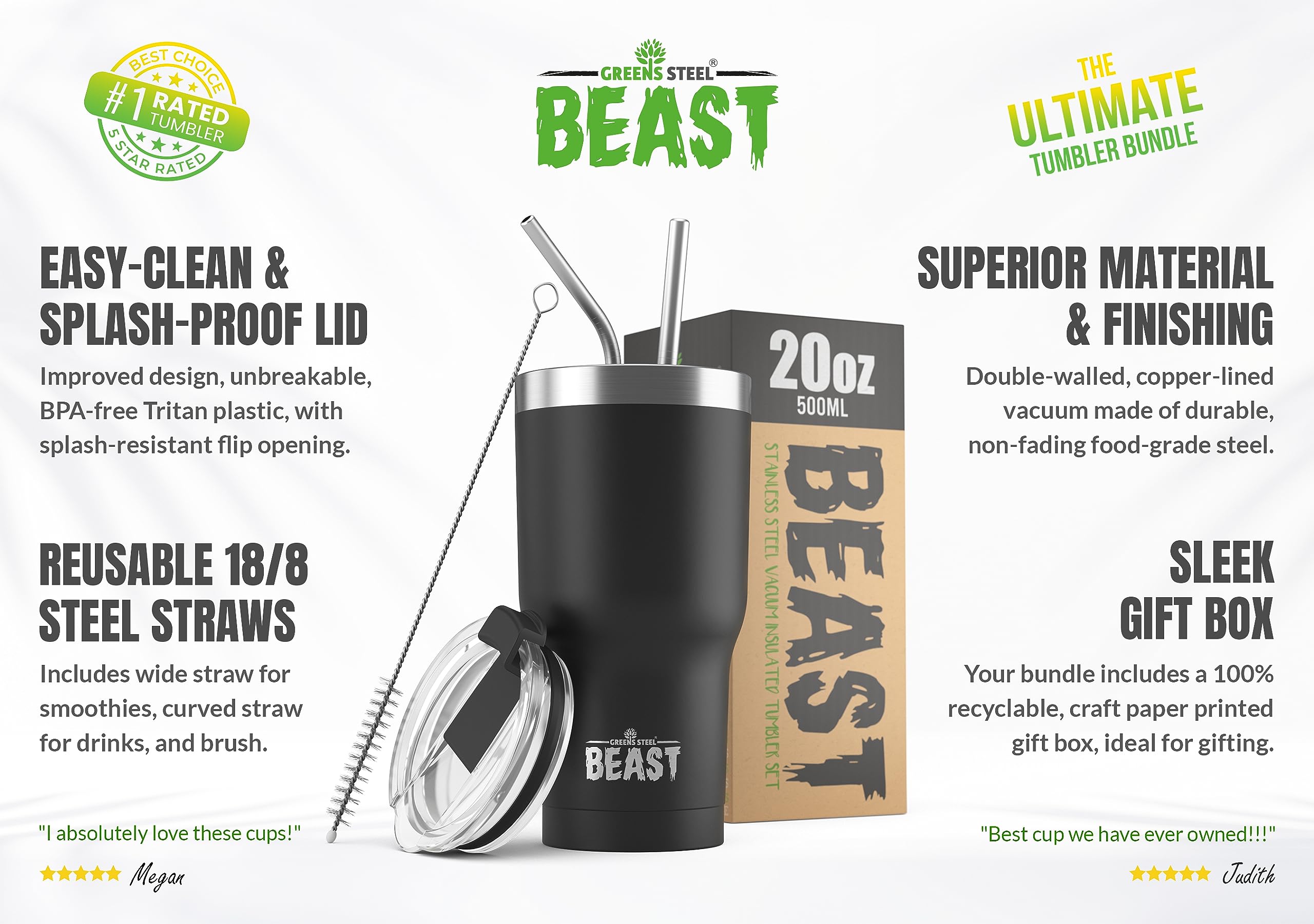 Beast 20 oz Tumbler Stainless Steel Vacuum Insulated Coffee Cup with handle plus 12 oz Stainless Steel Water Bottle (Matte Black)