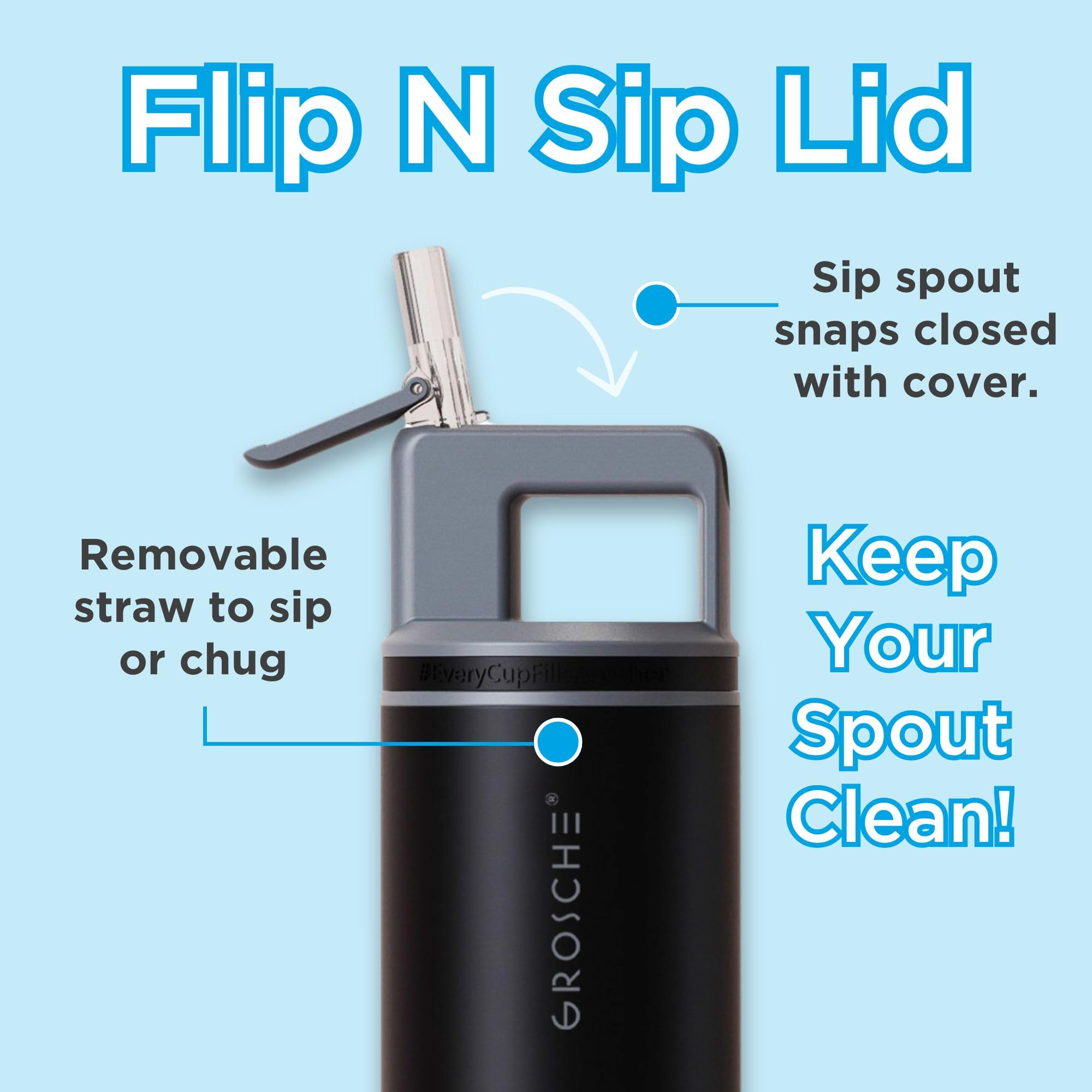 GROSCHE Alpine Flip n' Sip 20 oz Insulated Water Bottle - Stainless Steel, Leakproof Flask with Straw - Perfect for Gym, Travel & Outdoor Use - Keeps Water Cold up to 60 hrs - Graphite Black