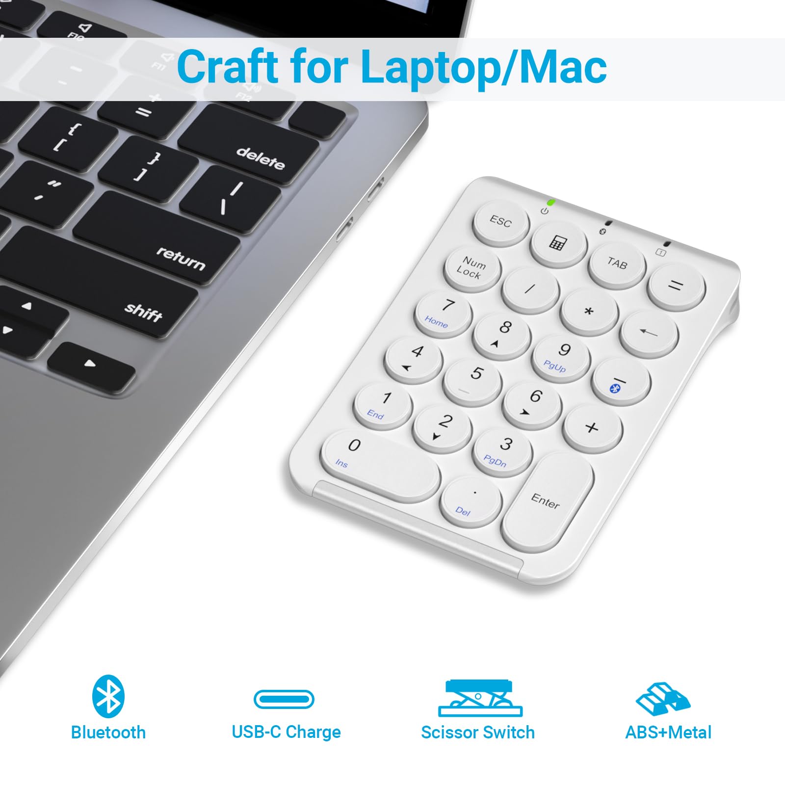iClever Number Pad, KP08 Bluetooth Number Pad, Ultra Slim and Lightweight, USB-C Charge, Number Pad for Laptop, iPad, Mac, iMac, Tablet, PC Desktop