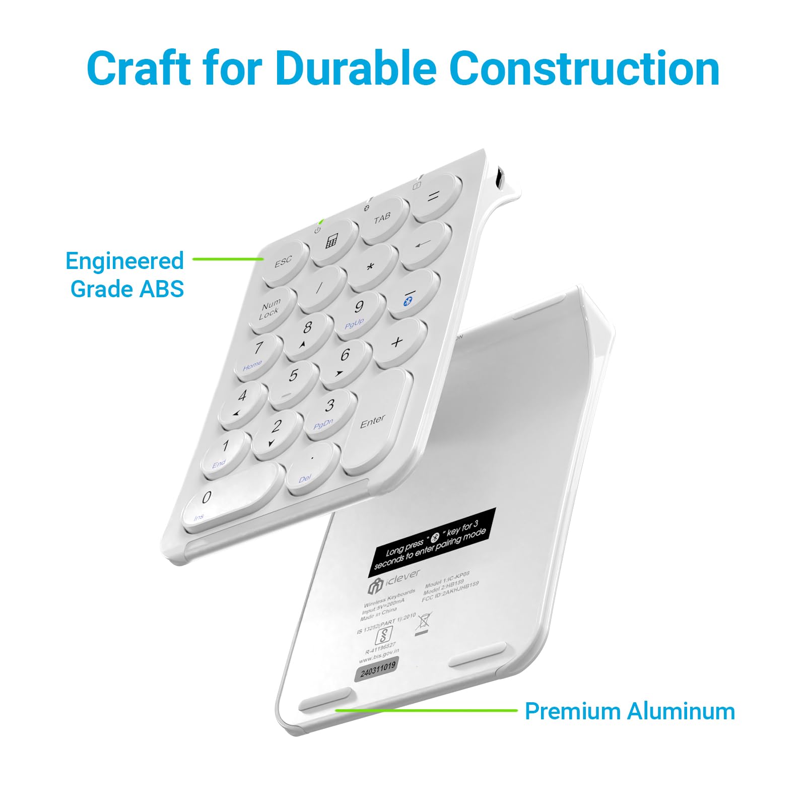 iClever Number Pad, KP08 Bluetooth Number Pad, Ultra Slim and Lightweight, USB-C Charge, Number Pad for Laptop, iPad, Mac, iMac, Tablet, PC Desktop