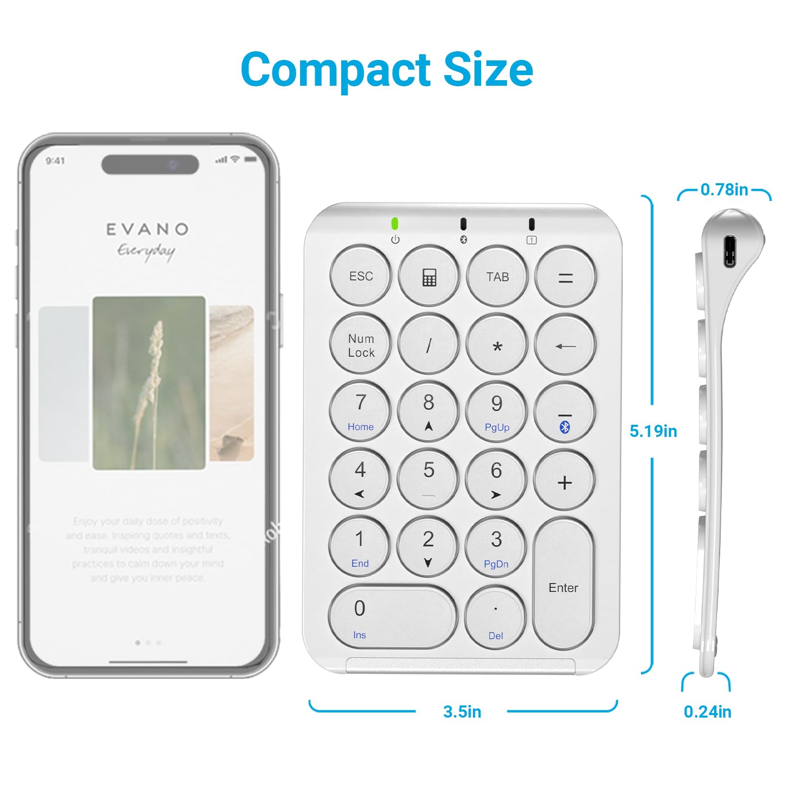 iClever Number Pad, KP08 Bluetooth Number Pad, Ultra Slim and Lightweight, USB-C Charge, Number Pad for Laptop, iPad, Mac, iMac, Tablet, PC Desktop