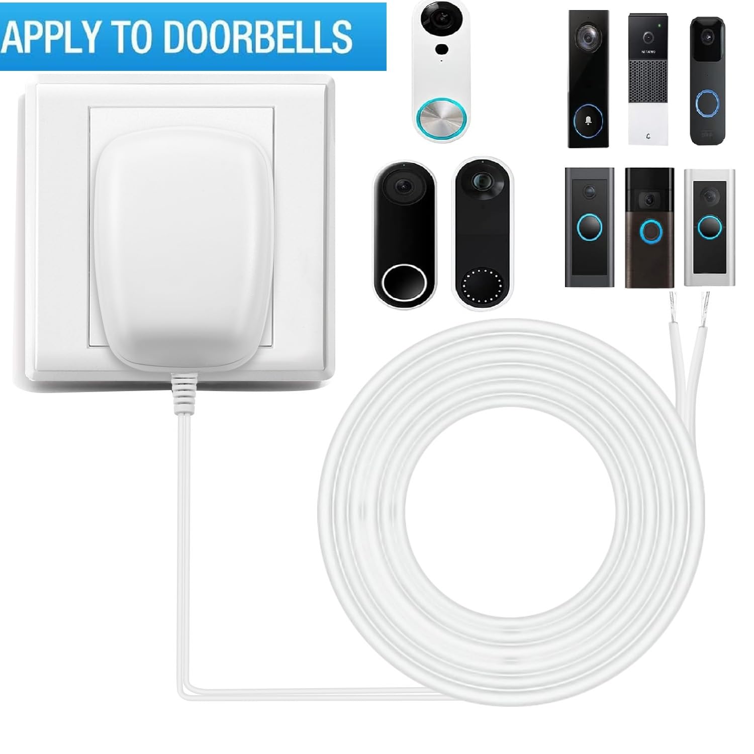 24 Volt Transformer, C Wire Adapter, Competible with All Versions of Ring Doorbell and Thermostat for Ecobee,Sensi and Honeywell (with 196in Cable)