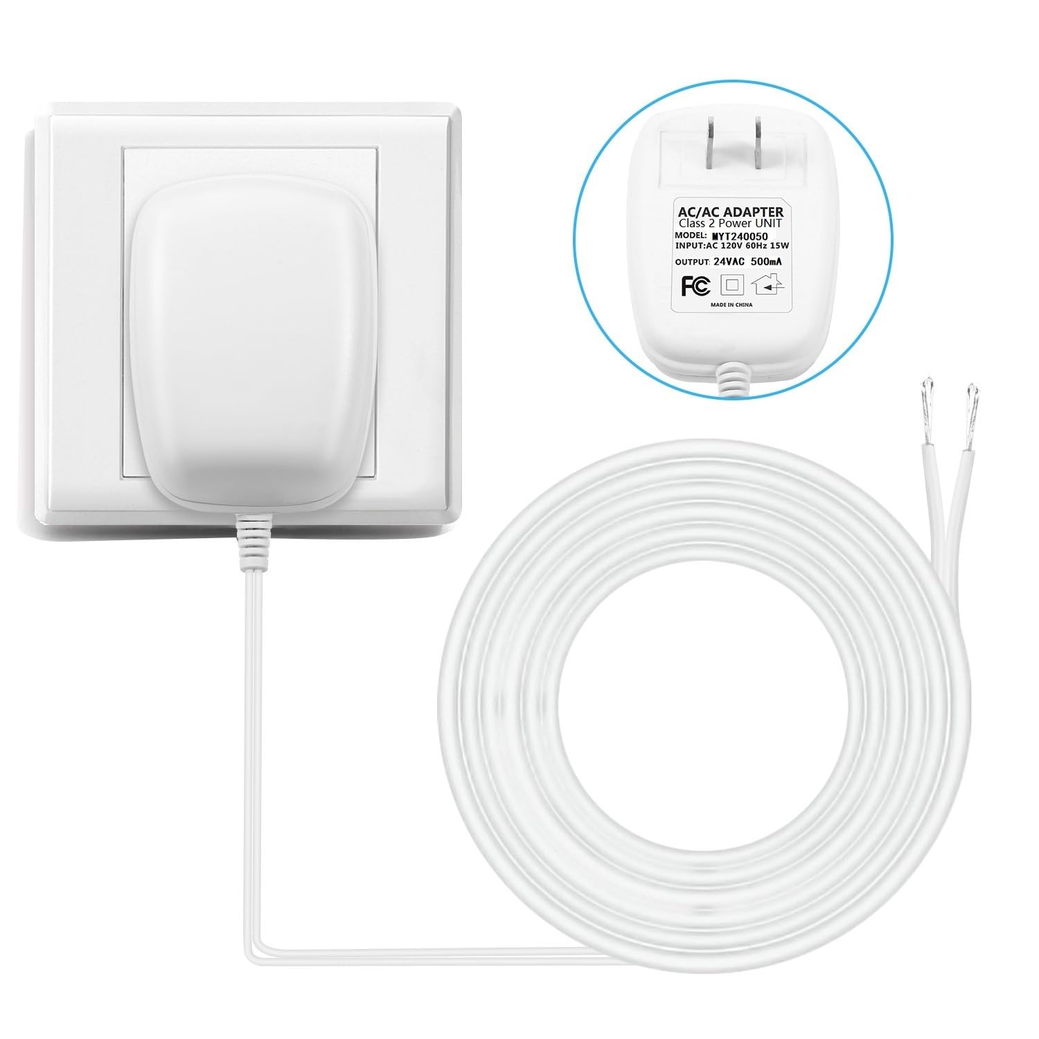 24 Volt Transformer, C Wire Adapter, Competible with All Versions of Ring Doorbell and Thermostat for Ecobee,Sensi and Honeywell (with 196in Cable)
