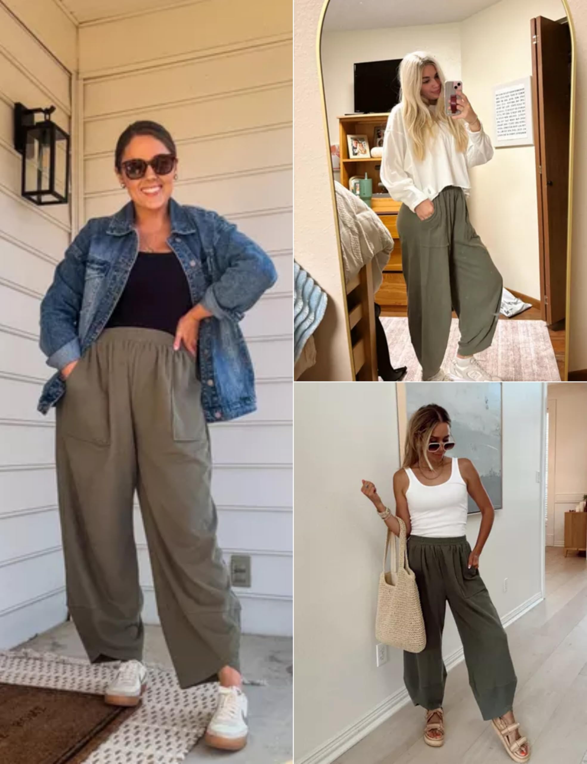 Xiaoxuemeng Womens Baggy Wide Leg Pants Casual Elastic Waisted Palazzo Harem Pants with Pockets (Green-M)
