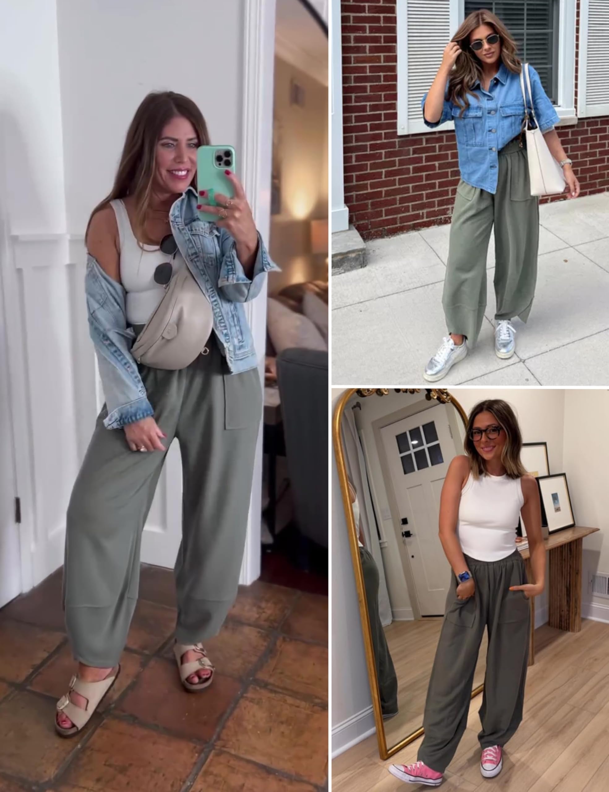 Xiaoxuemeng Womens Baggy Wide Leg Pants Casual Elastic Waisted Palazzo Harem Pants with Pockets (Green-M)