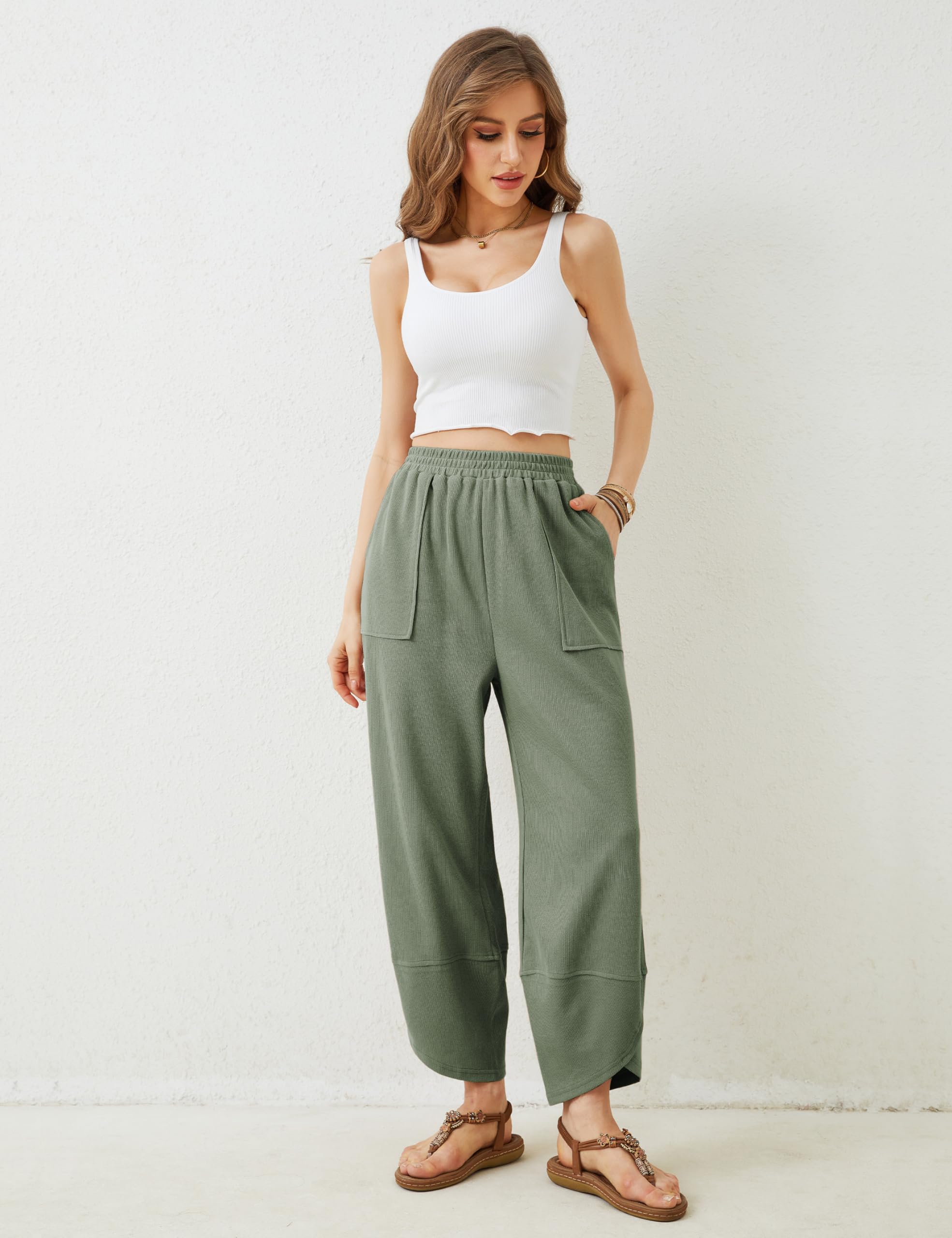 Xiaoxuemeng Womens Baggy Wide Leg Pants Casual Elastic Waisted Palazzo Harem Pants with Pockets (Green-M)