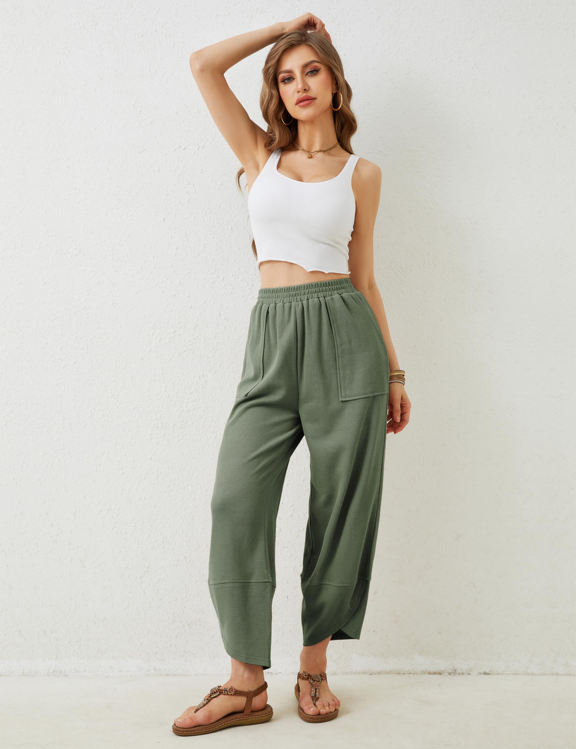 Xiaoxuemeng Womens Baggy Wide Leg Pants Casual Elastic Waisted Palazzo Harem Pants with Pockets (Green-M)