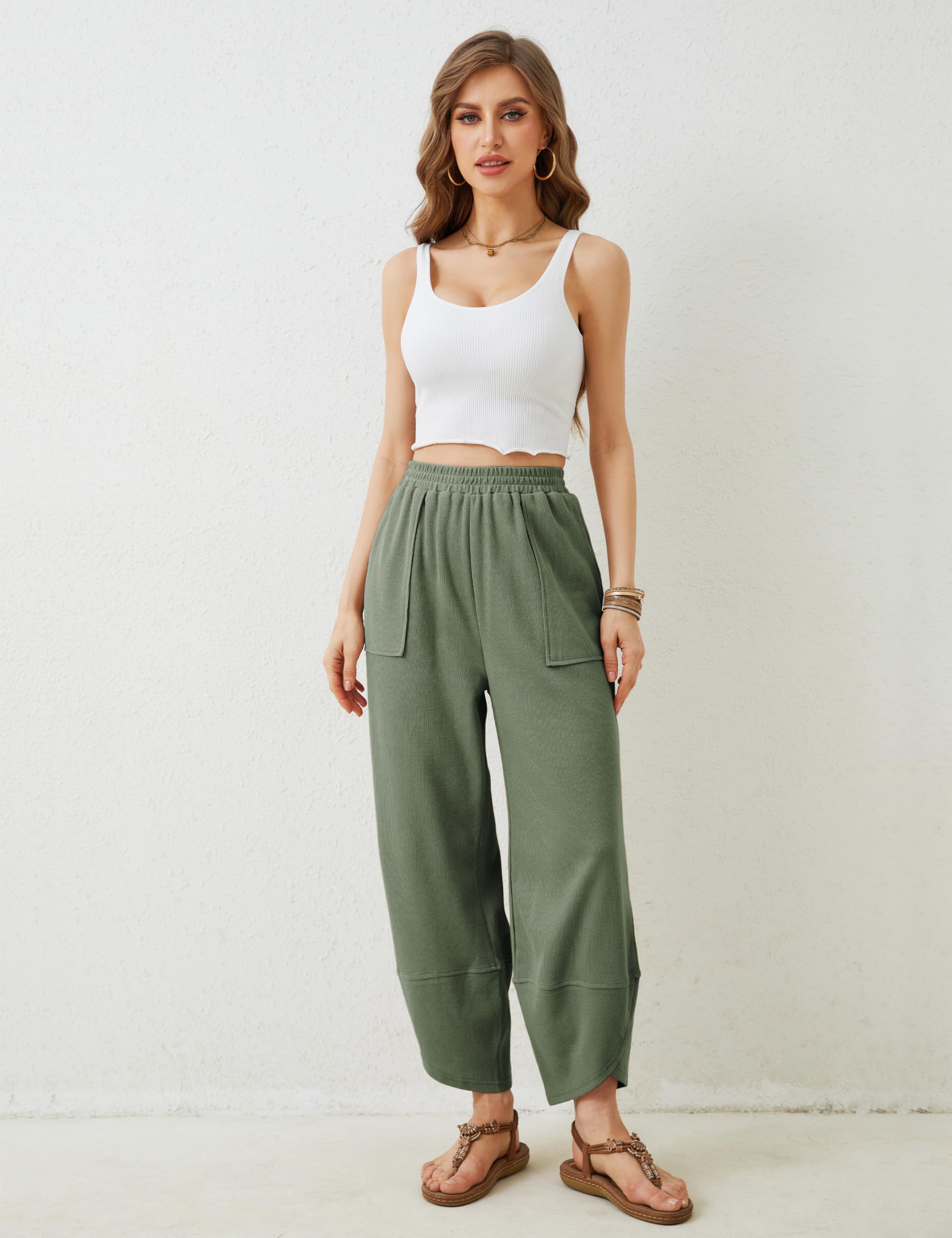 Xiaoxuemeng Womens Baggy Wide Leg Pants Casual Elastic Waisted Palazzo Harem Pants with Pockets (Green-M)