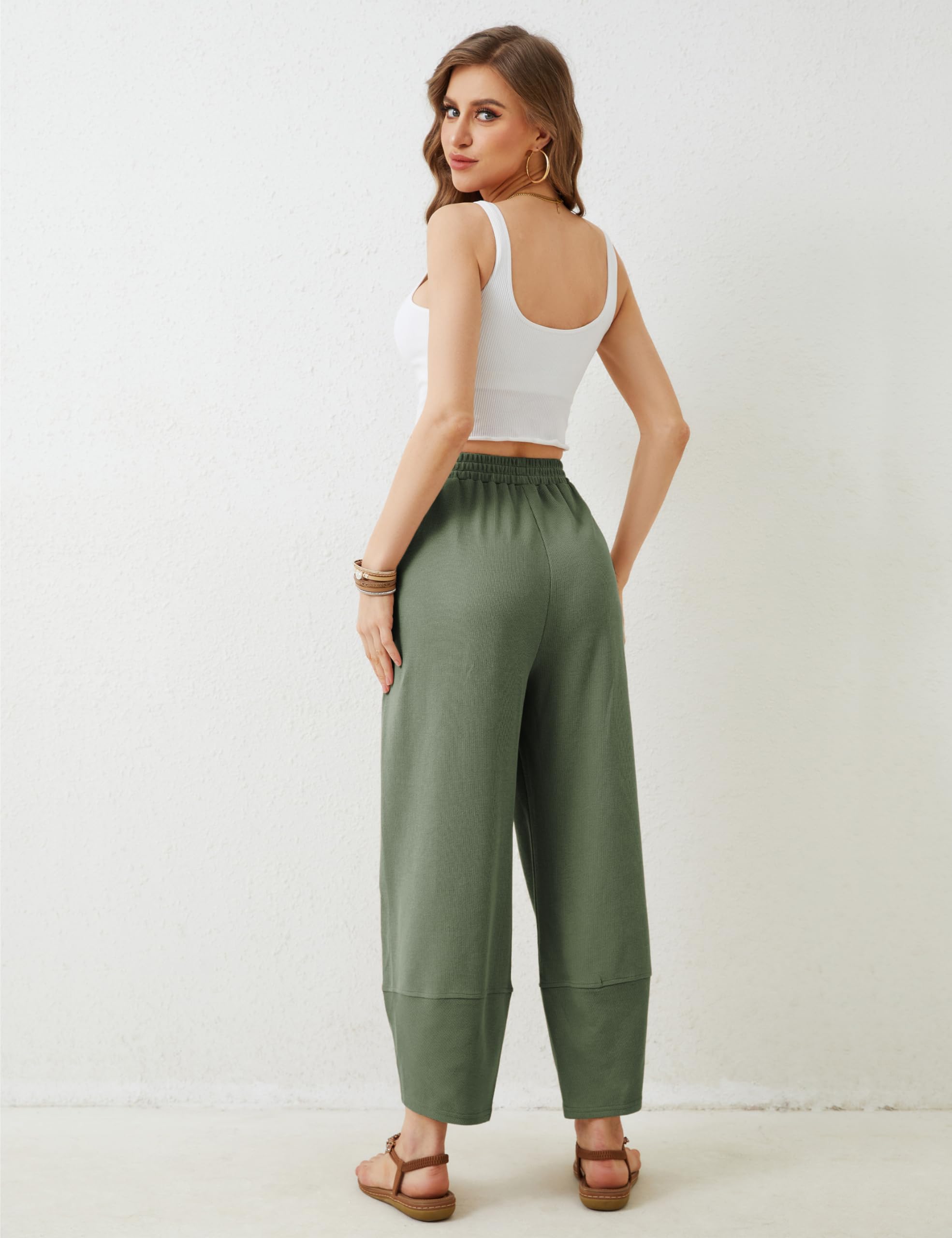 Xiaoxuemeng Womens Baggy Wide Leg Pants Casual Elastic Waisted Palazzo Harem Pants with Pockets (Green-M)