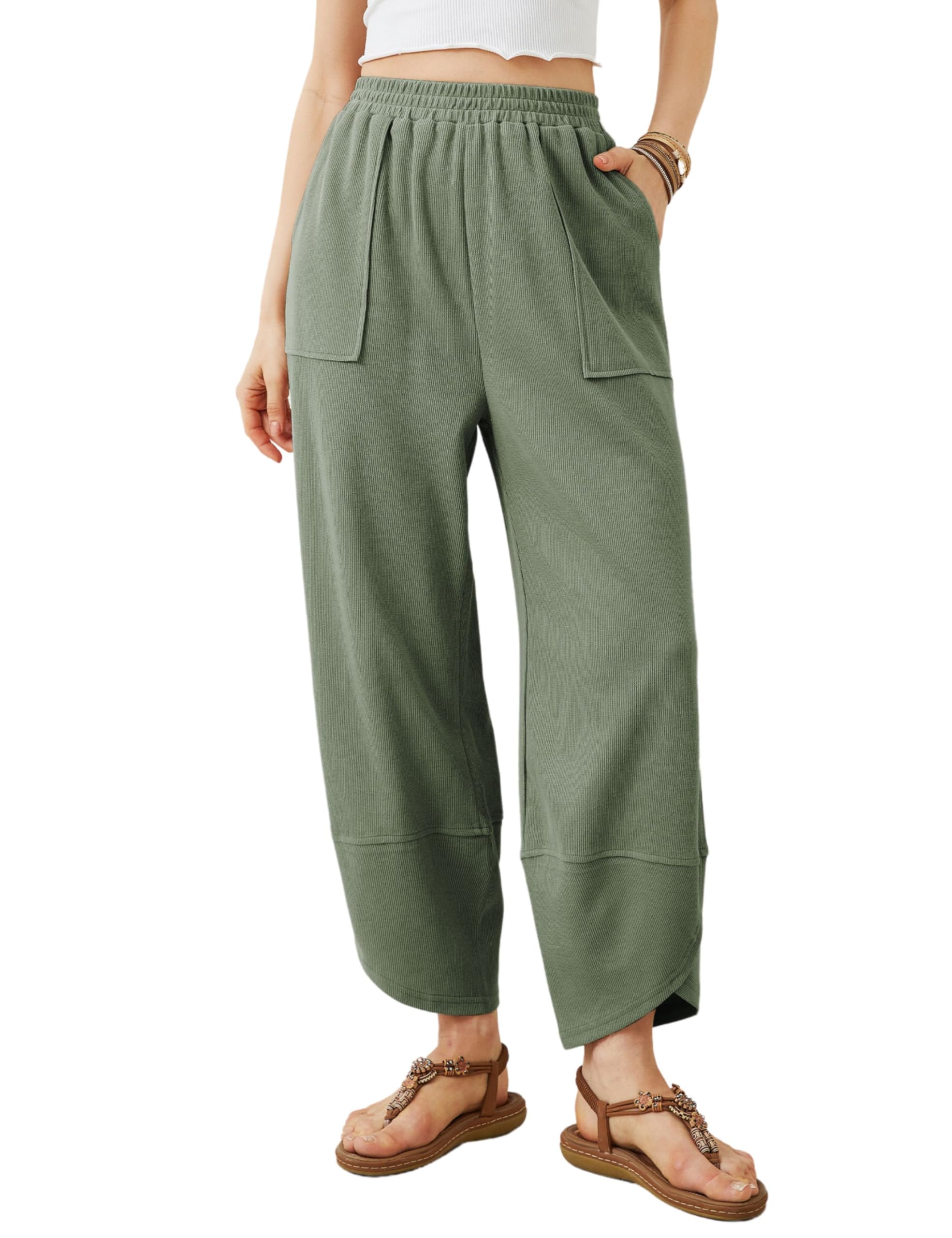 Xiaoxuemeng Womens Baggy Wide Leg Pants Casual Elastic Waisted Palazzo Harem Pants with Pockets (Green-M)