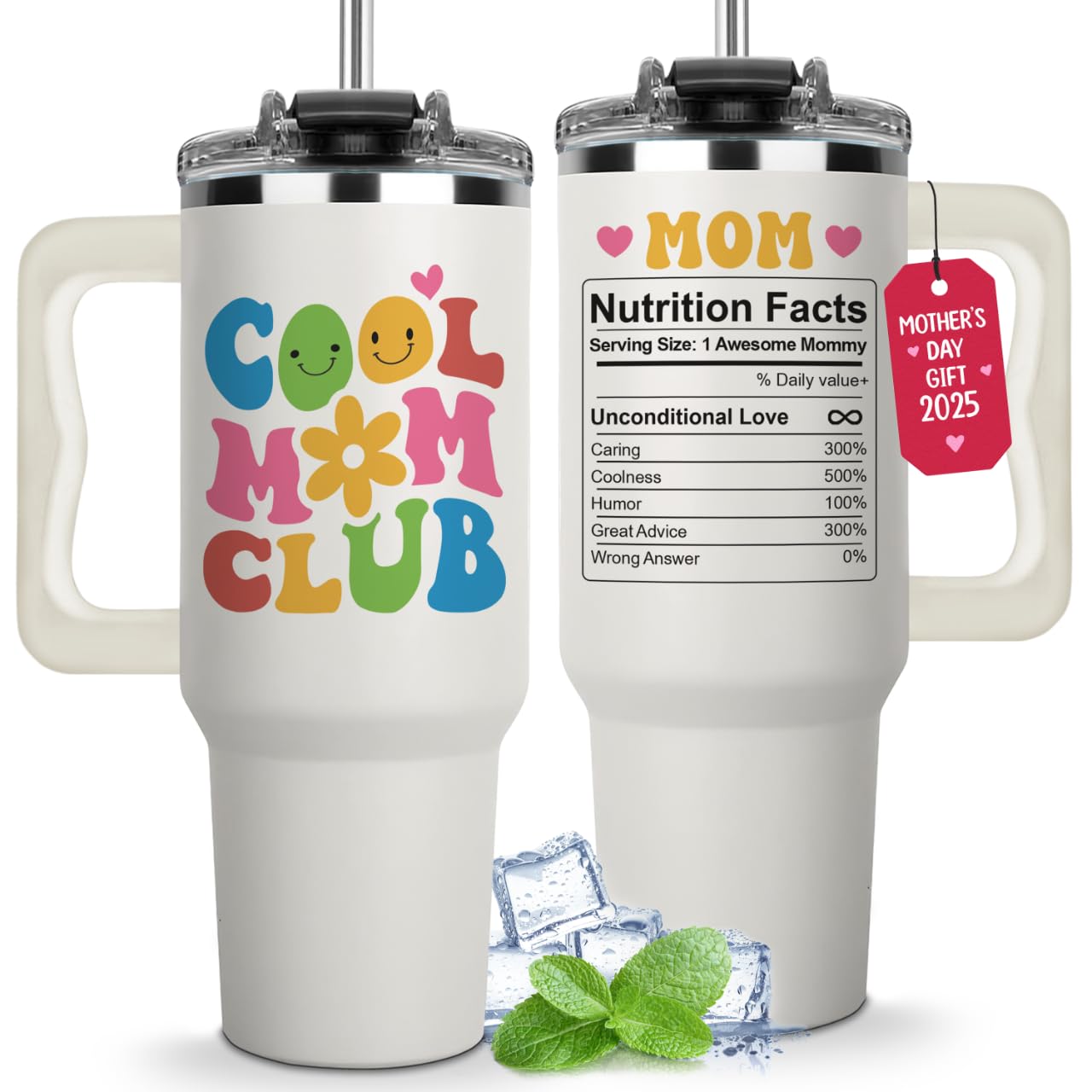 Vivulla68 Mother’s Day Gift for Mom – Cool Mom Club Tumbler 40oz with Straw & Brush, Cute Mama Cup, Funny Insulated Iced Coffee Mug, Travel Water Bottle, Reusable Birthday or Christmas Gift