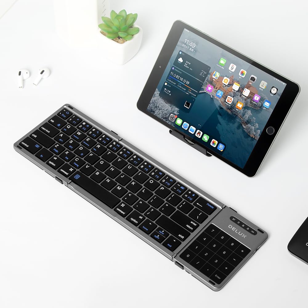 DeLUX Foldable Keyboard with Touchpad and Numeric Keypad, 2.4G Wireless and Bluetooth, Rechargeable Portable Travel Folding Keyboard with PU Leather, for iOS Android Windows Tablet (KF18)