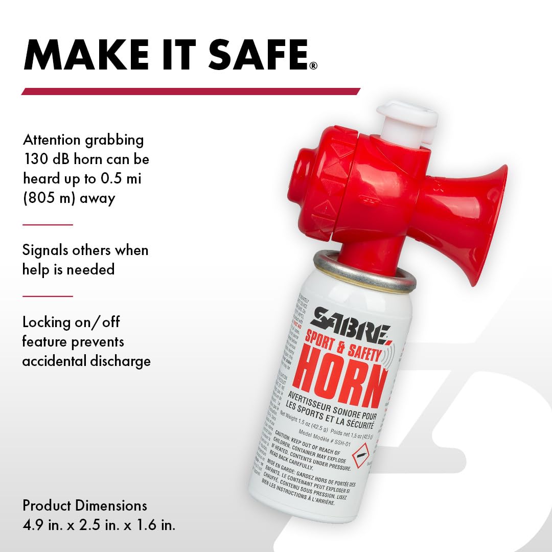 SABRE Sport and Safety Horn, 130 dB Air Horn, 60 ¼ Second or 25 ½ Second Bursts, Audible Up To 1/2-Miles (804-Meters), Perfect for Use at Sporting Events, Boating, Camping, Hiking