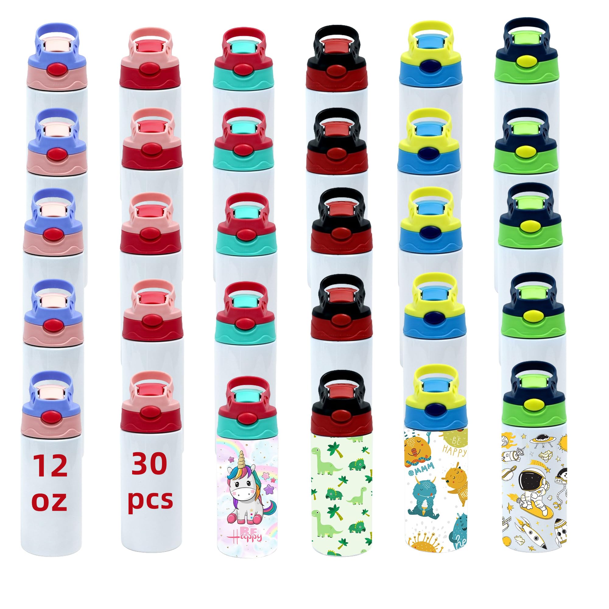 Icesip 30 PACK 12oz Kids Sublimation Tumbler Bulk,Sublimation Kids Water Bottle with One-click Pop-up Straw Lid and Handle, Spill Proof lid,for Water,Drinks