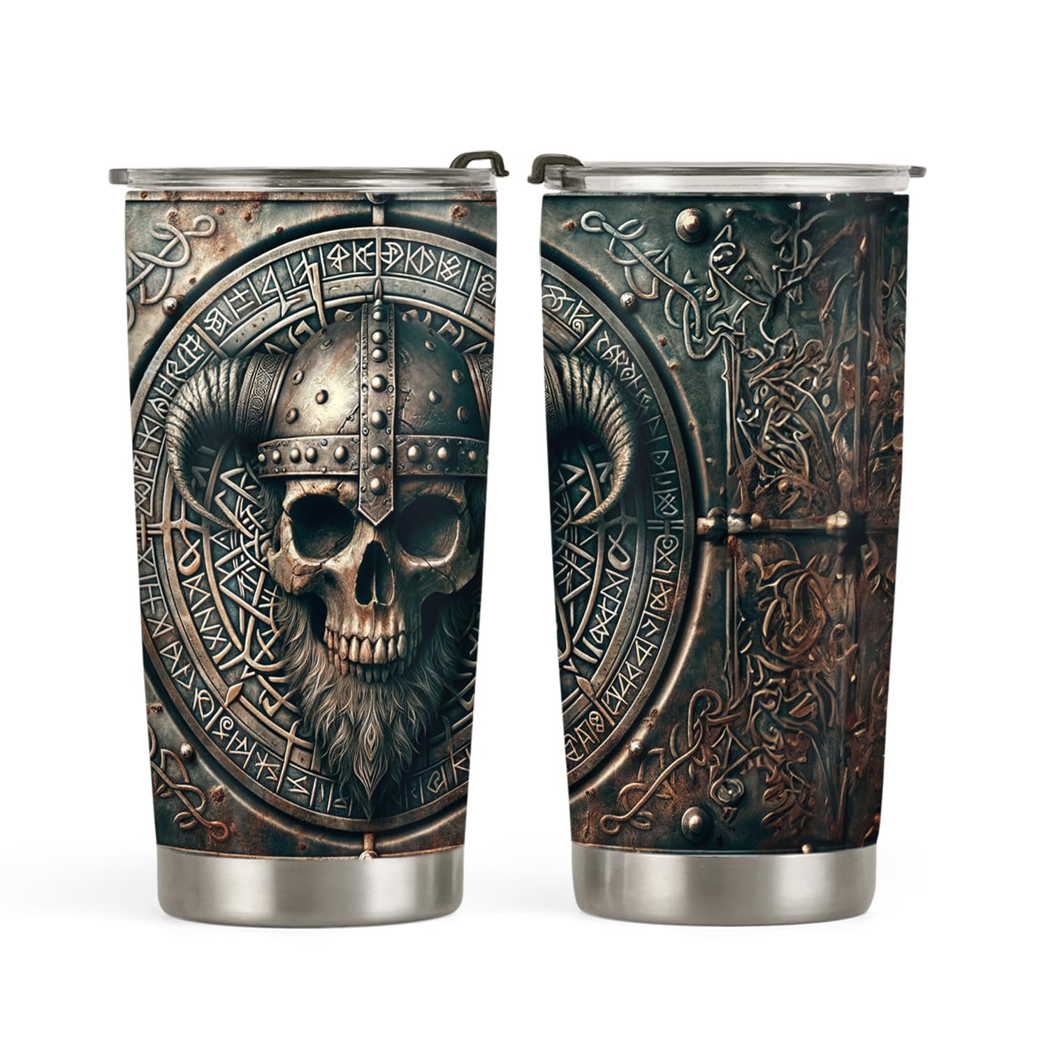 20oz Viking Celtic Warrior Skull Tumbler, Norse Mythology, Viking Gifts for Men, Coffee Thermos for Men, Stainless Steel Double Wall Vacuum Insulated Coffee Mug, Travel Cup with Lid