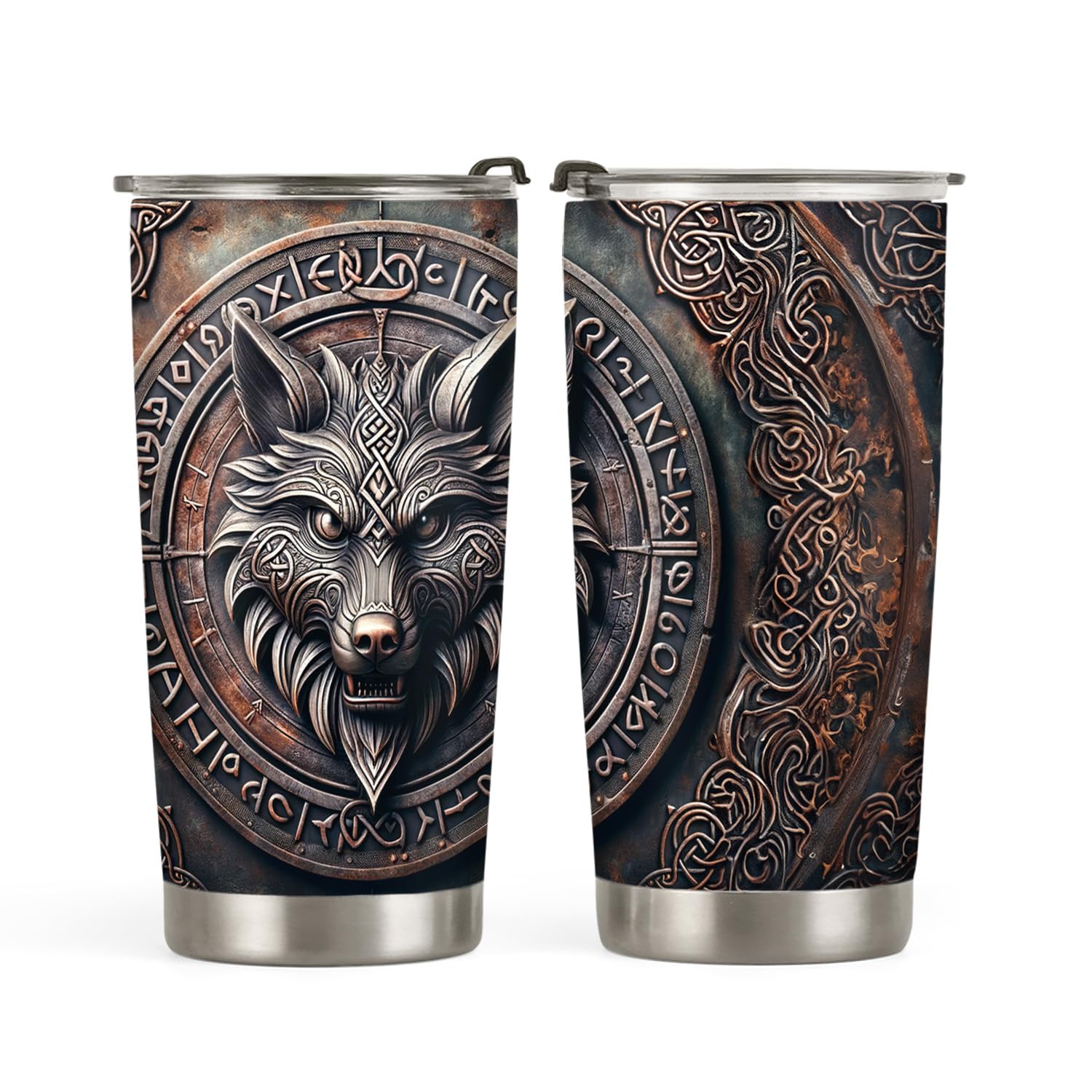 20oz Viking Celtic Warrior Wolf Tumbler, Norse Mythology, Viking Gifts for Men, Coffee Thermos for Men, Stainless Steel Double Wall Vacuum Insulated Coffee Mug, Travel Cup with Lid